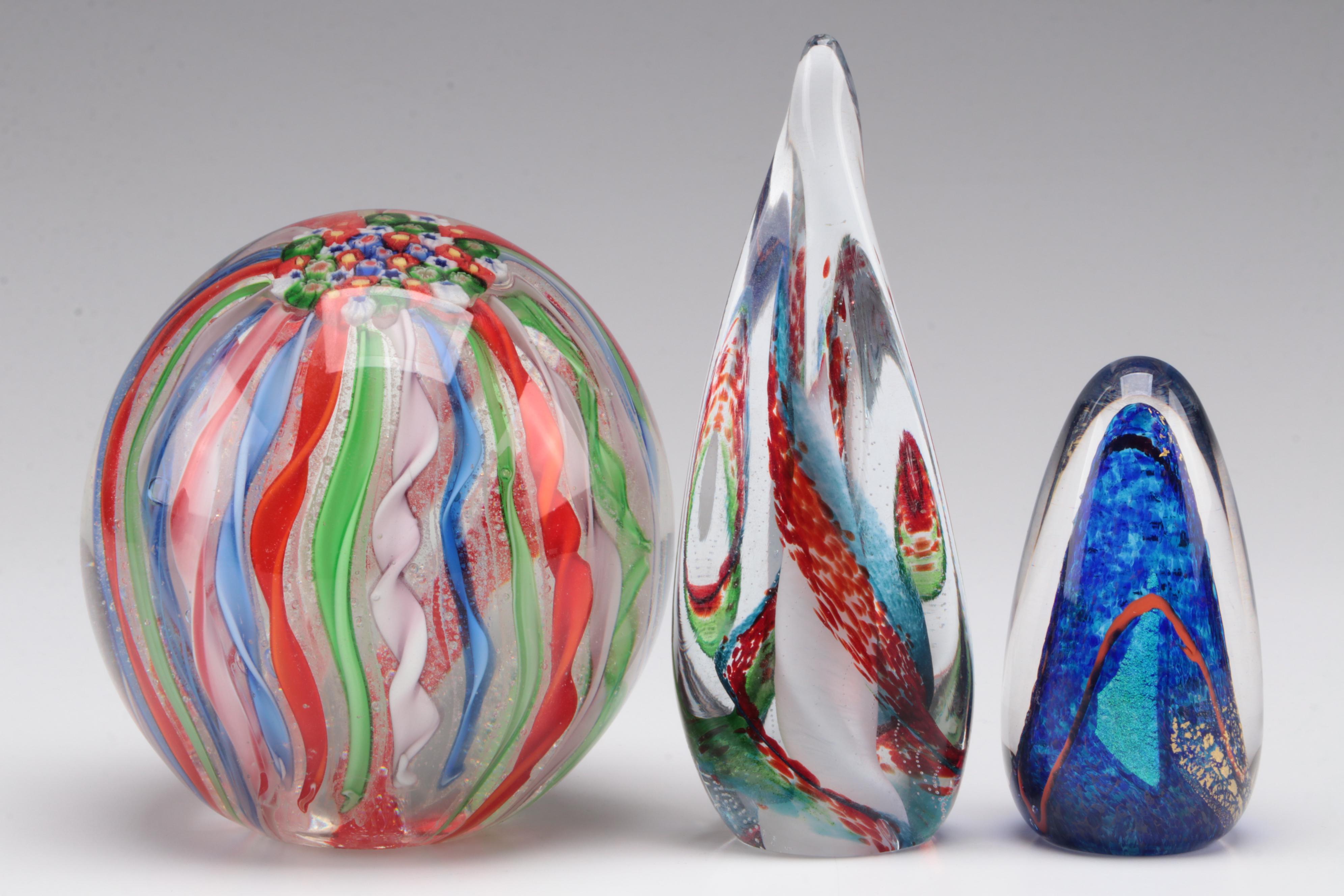 Blown Art Glass Studio Paperweights With Spirals and Millefiori, Two ...