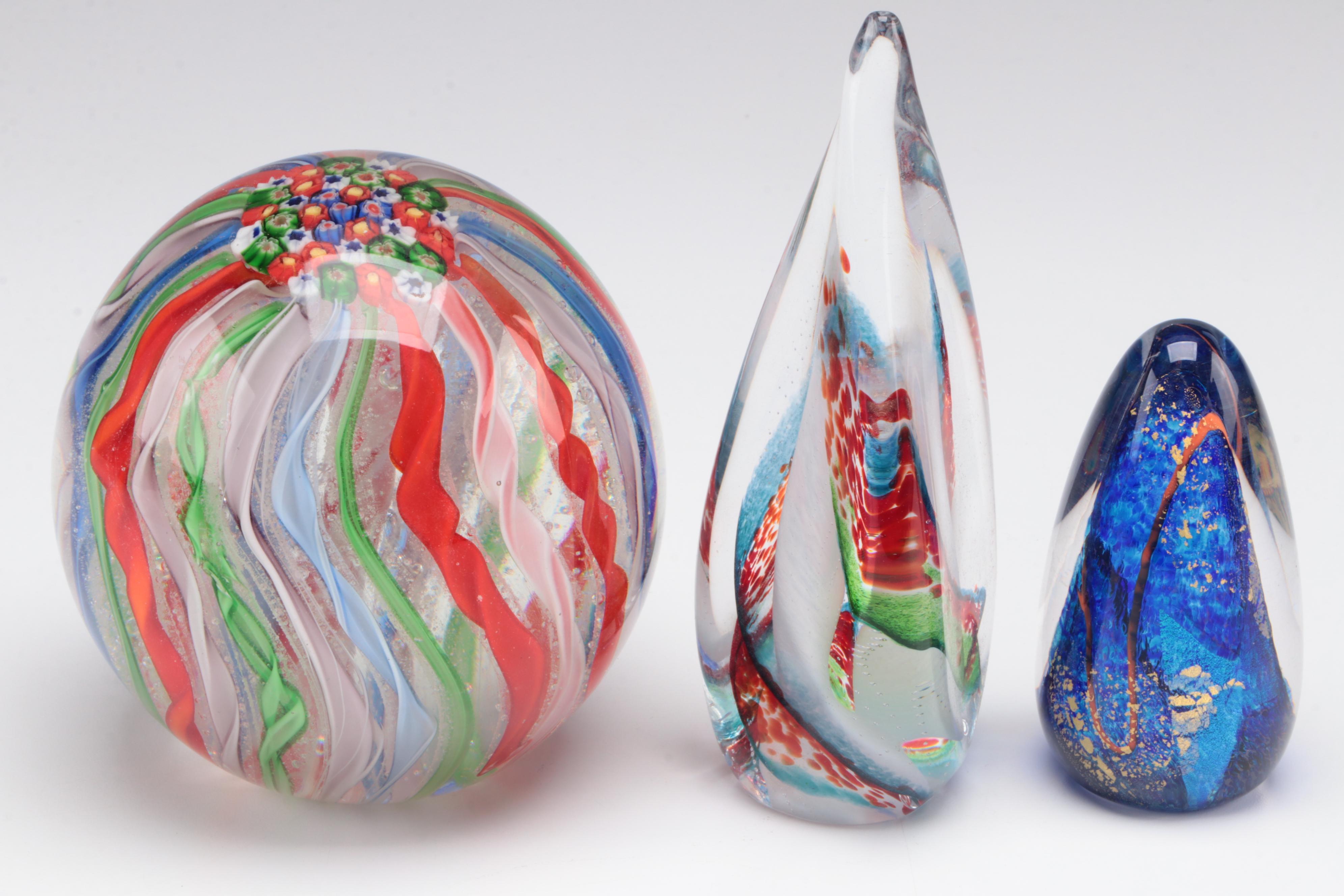Blown Art Glass Studio Paperweights With Spirals and Millefiori, Two ...