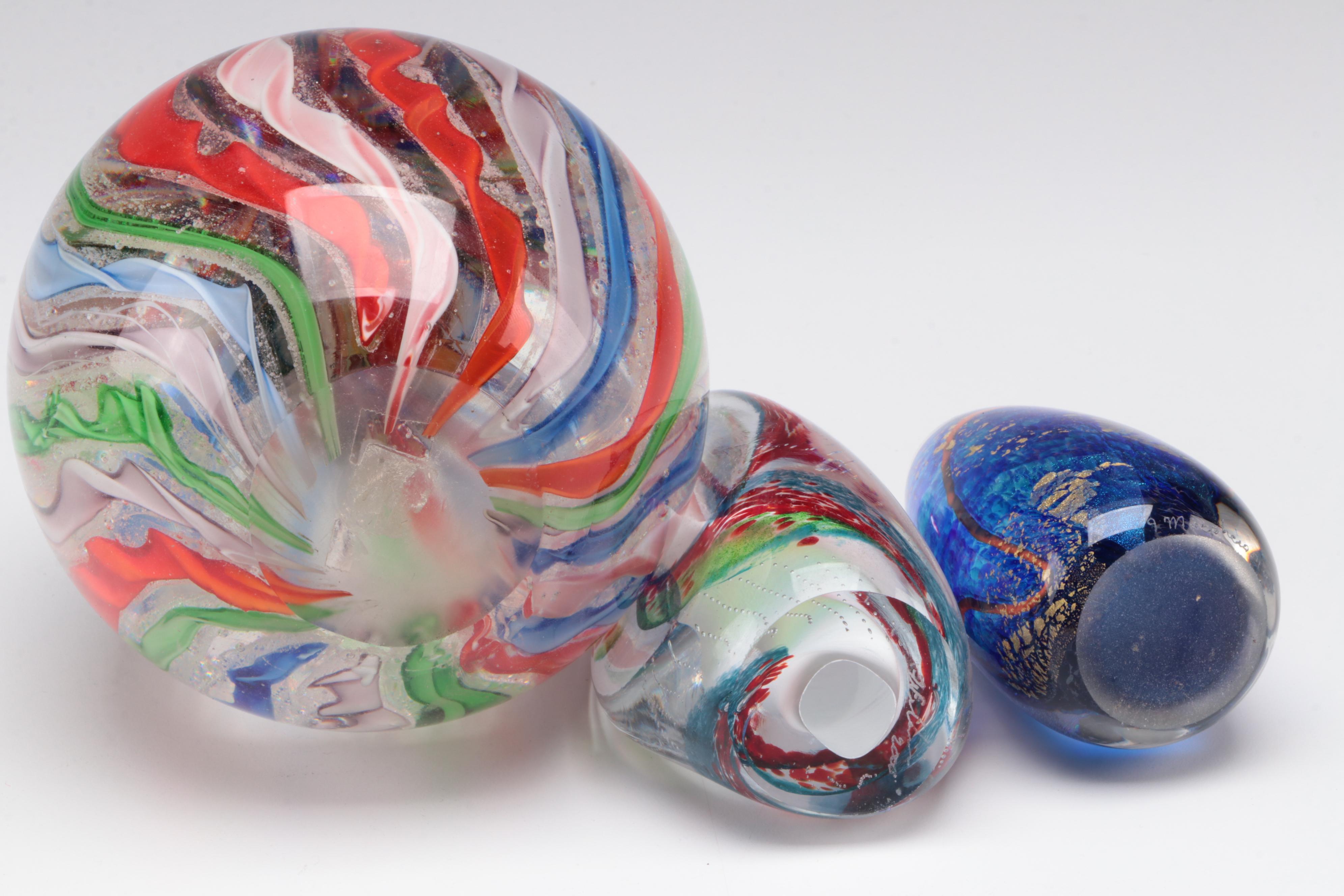 Blown Art Glass Studio Paperweights With Spirals and Millefiori, Two ...