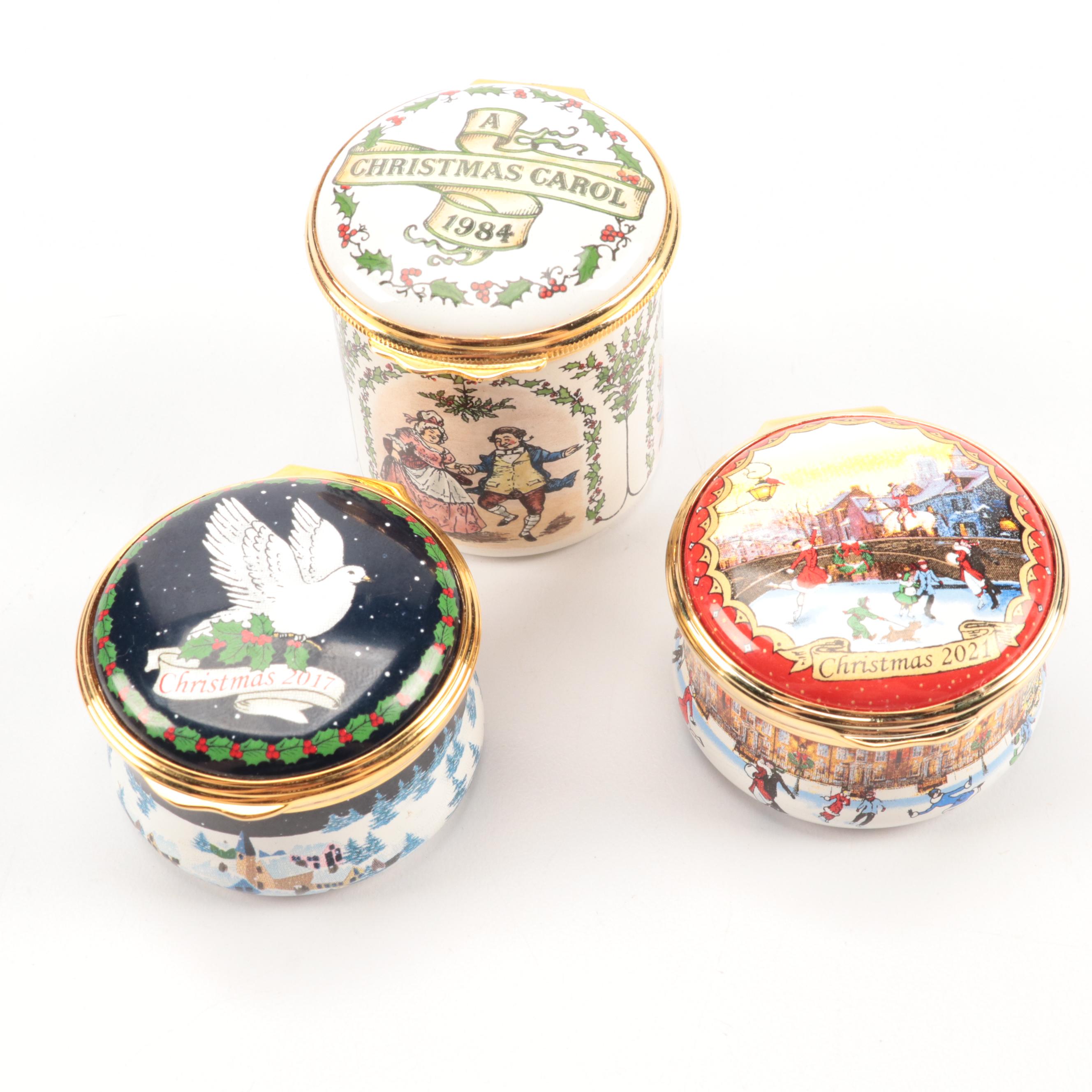 Halcyon Days Christmas Themed Enameled Porcelain Trinket Boxes | EBTH