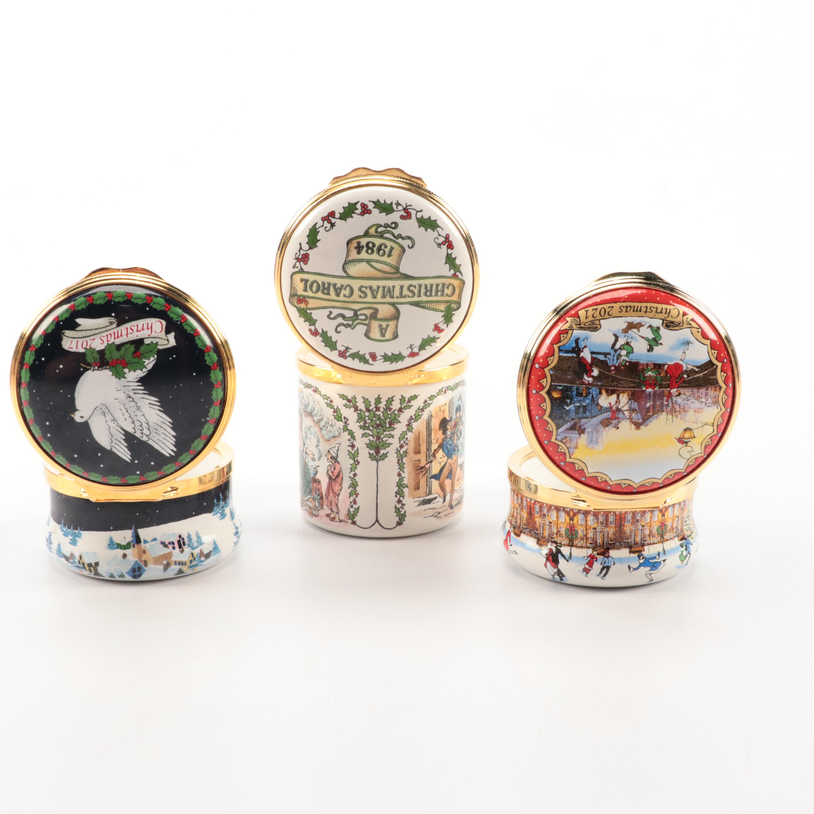 Halcyon Days Christmas Themed Enameled Porcelain Trinket Boxes | EBTH