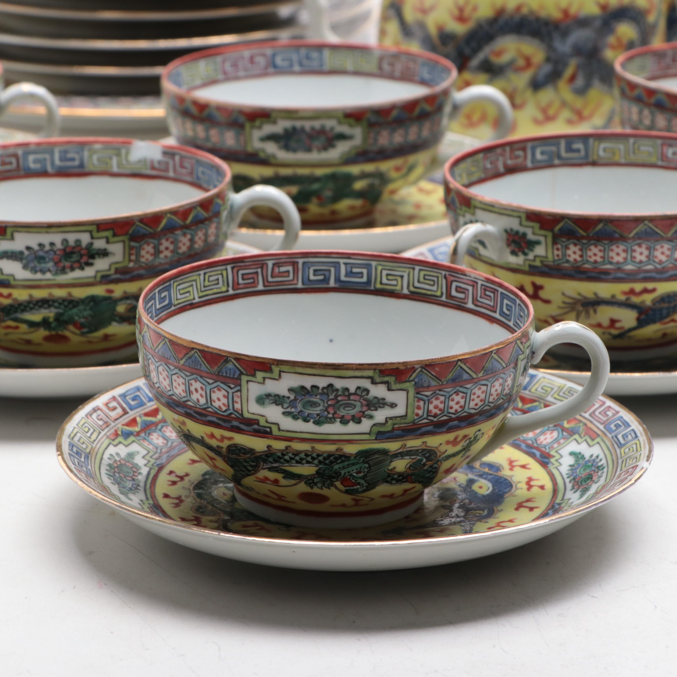 Chinese Famille Jaune Dragon Chasing Pearl Porcelain Tea and Dessert ...
