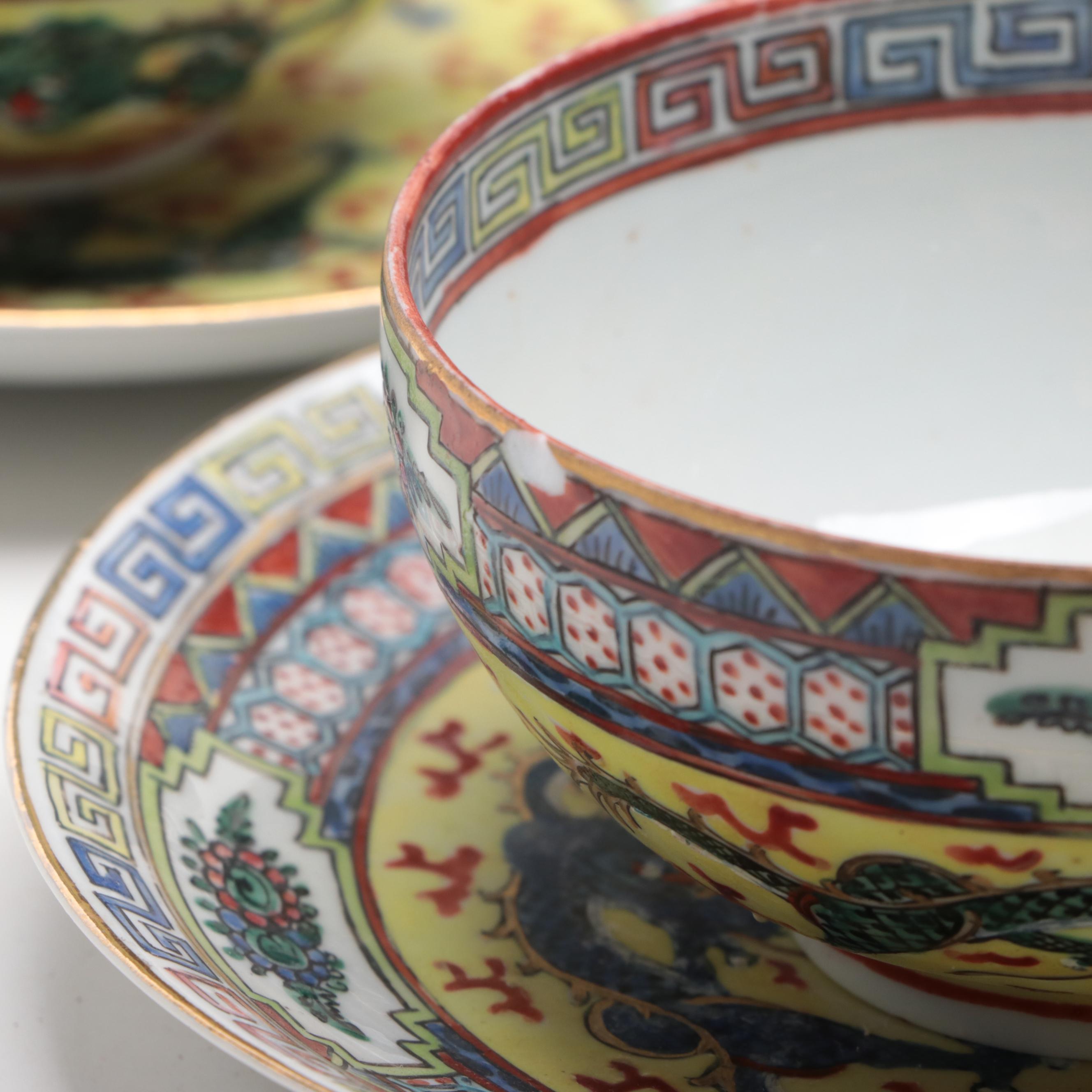 Chinese Famille Jaune Dragon Chasing Pearl Porcelain Tea and Dessert ...