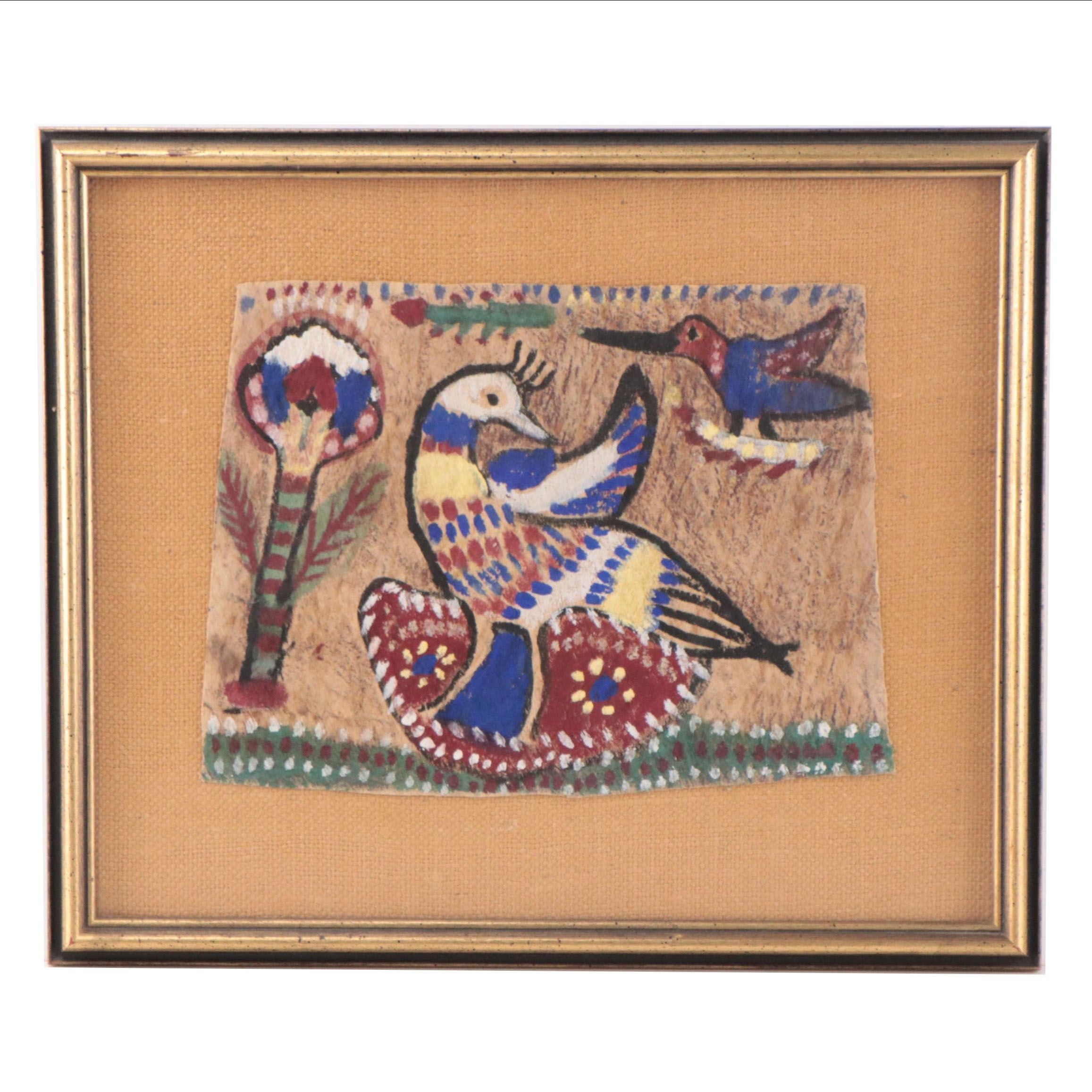 Folk Art Acrylic Painting of Birds | EBTH