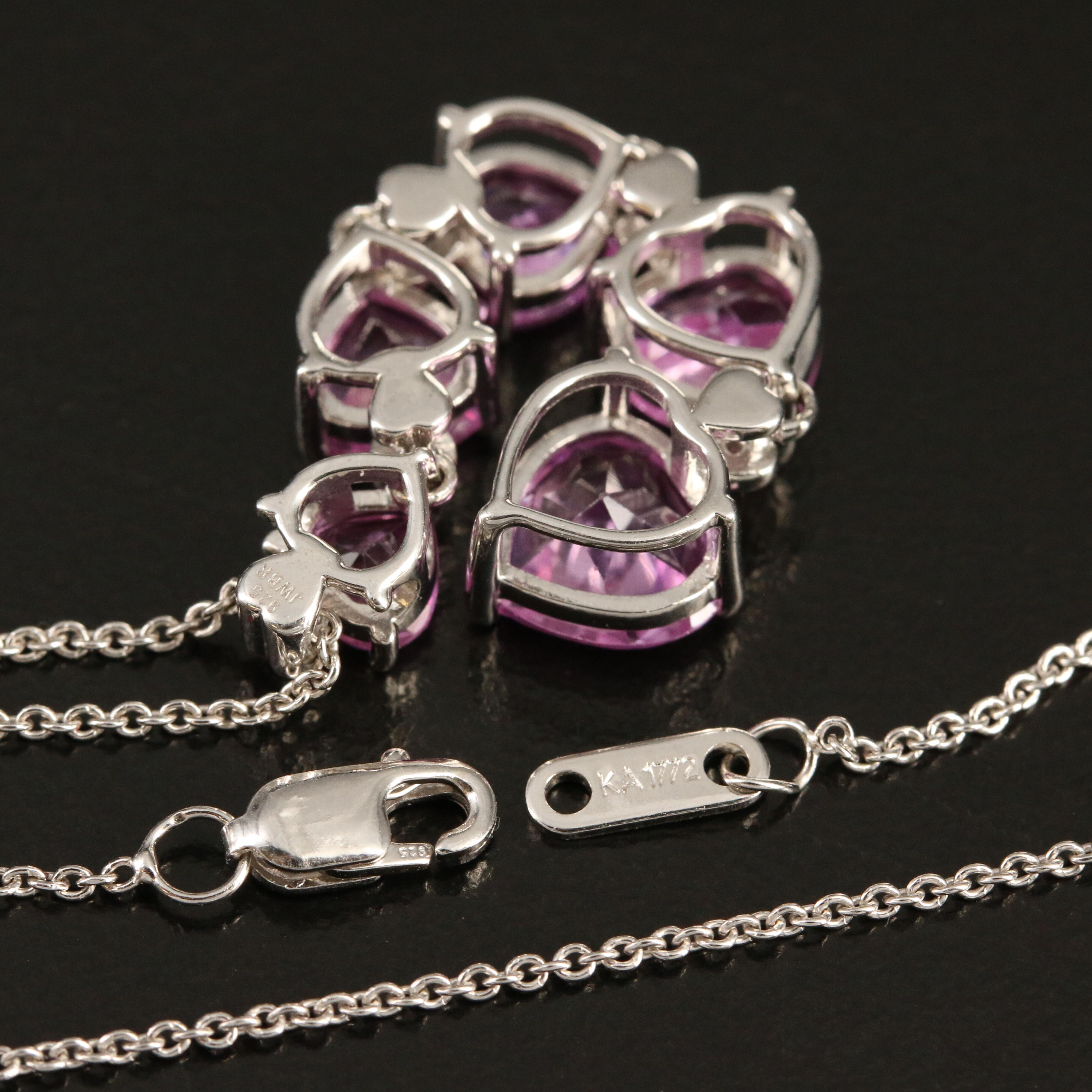 Sterling Sapphire and White Sapphire Graduated Heart Necklace | EBTH