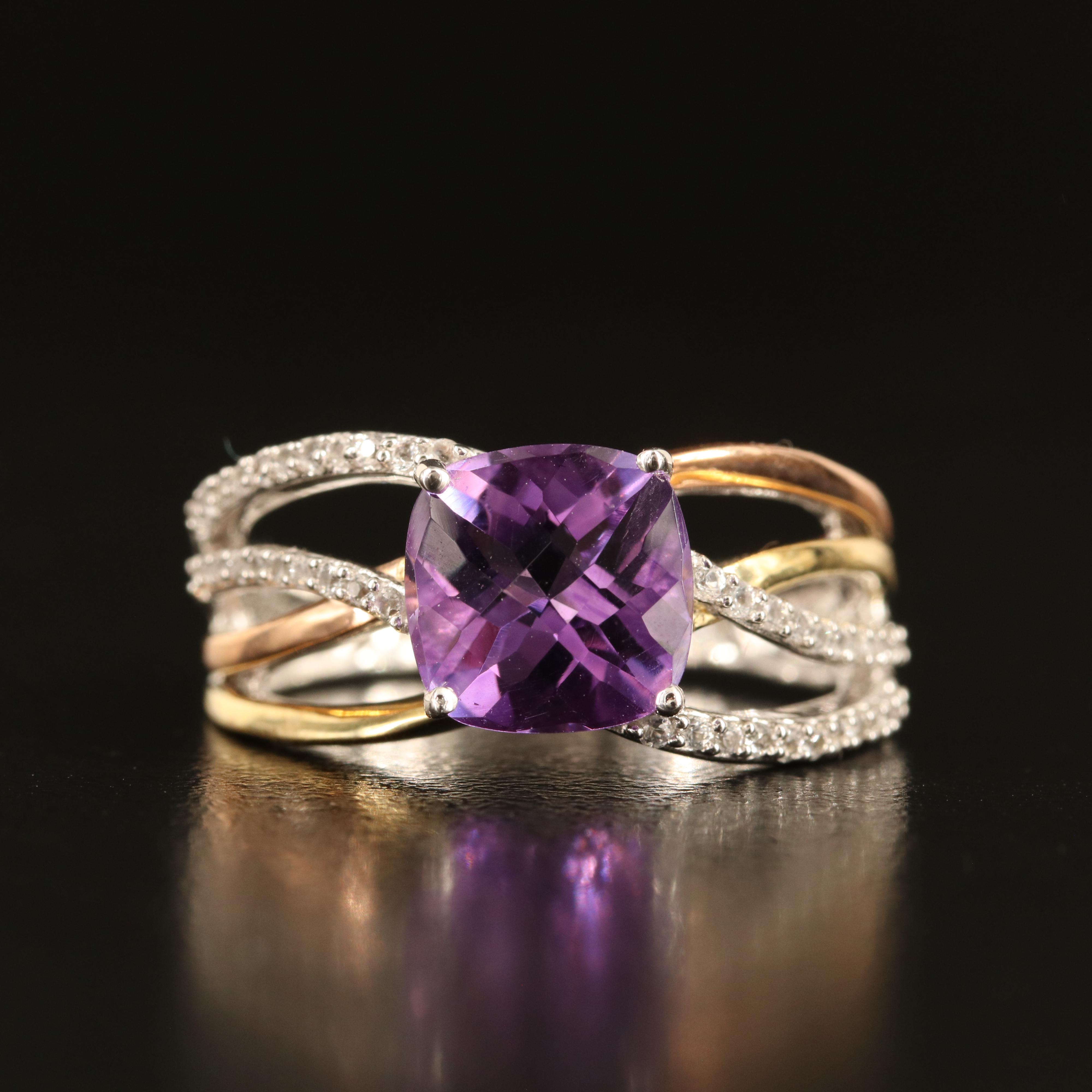 Sterling Amethyst and White Sapphire Crossover Ring with 10K Accents | EBTH