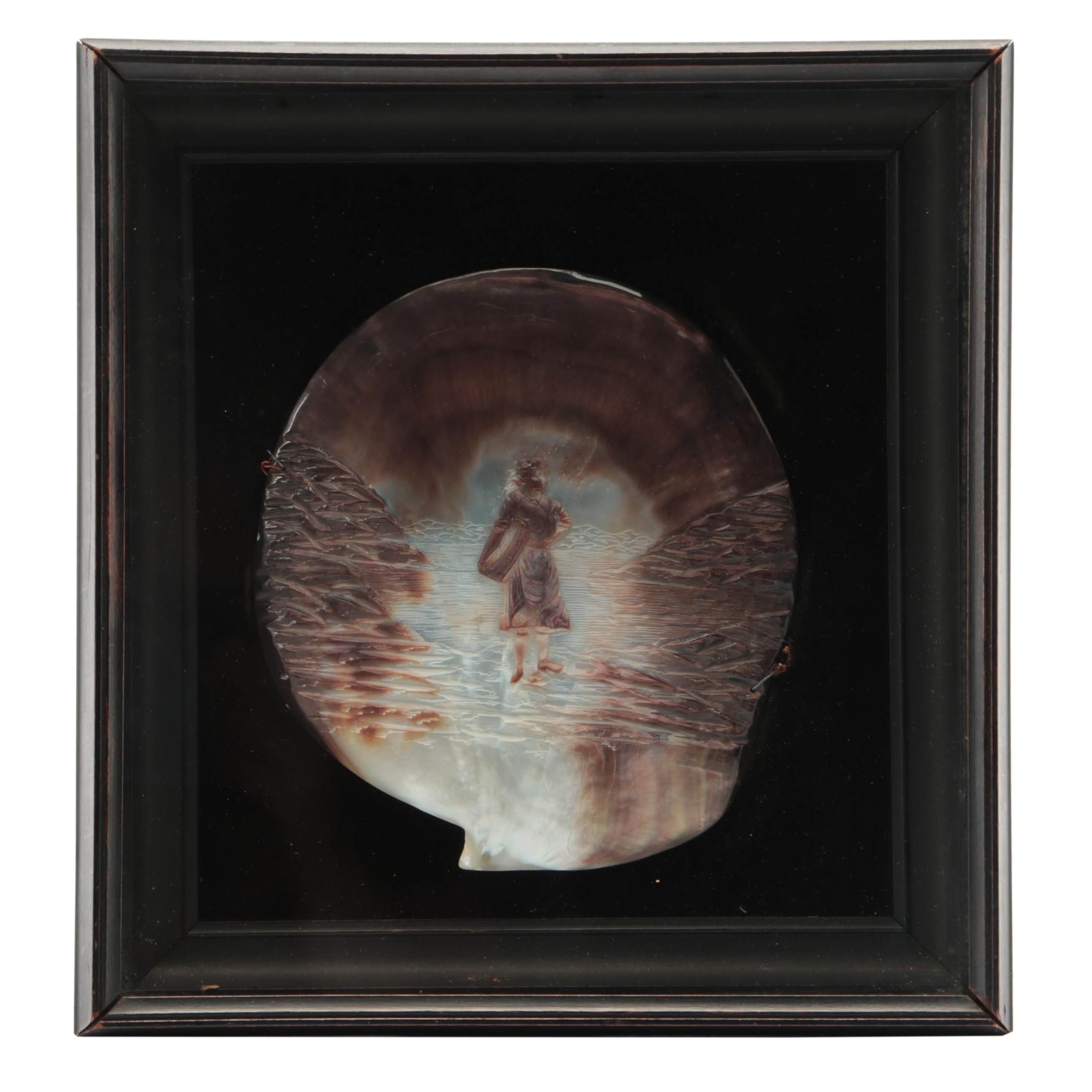 Carved Shell Relief Seascape with Fisherwoman in Shadowbox Frame | EBTH