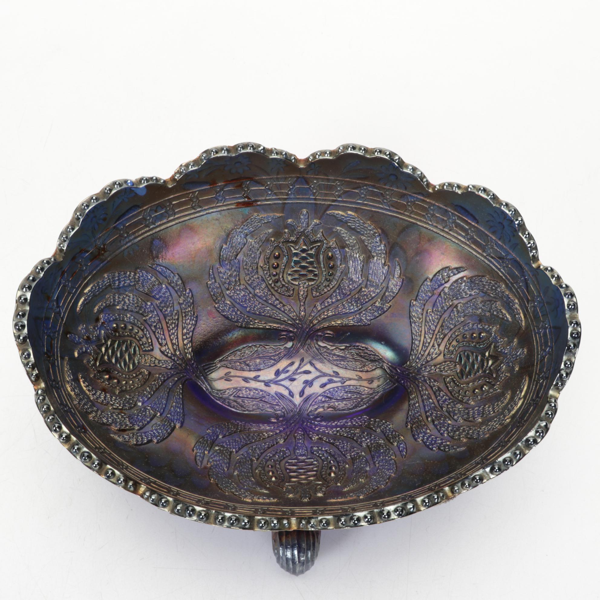 Fenton "Thistle-Waterlily & Cattail" Blue Carnival Glass Centerpiece ...