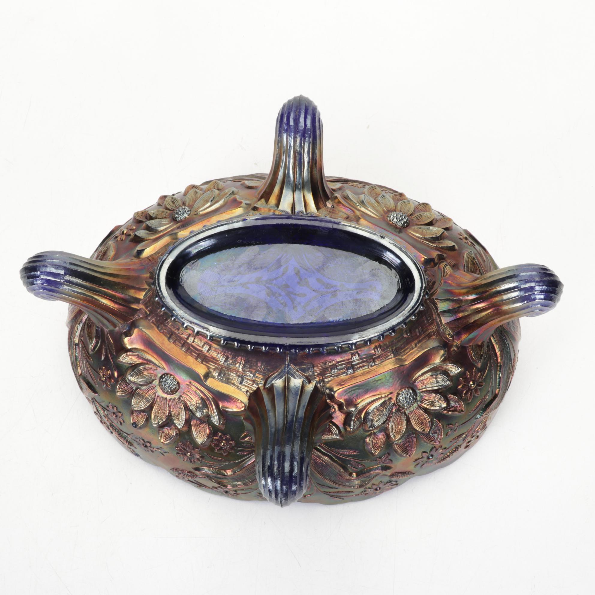 Fenton "Thistle-Waterlily & Cattail" Blue Carnival Glass Centerpiece ...