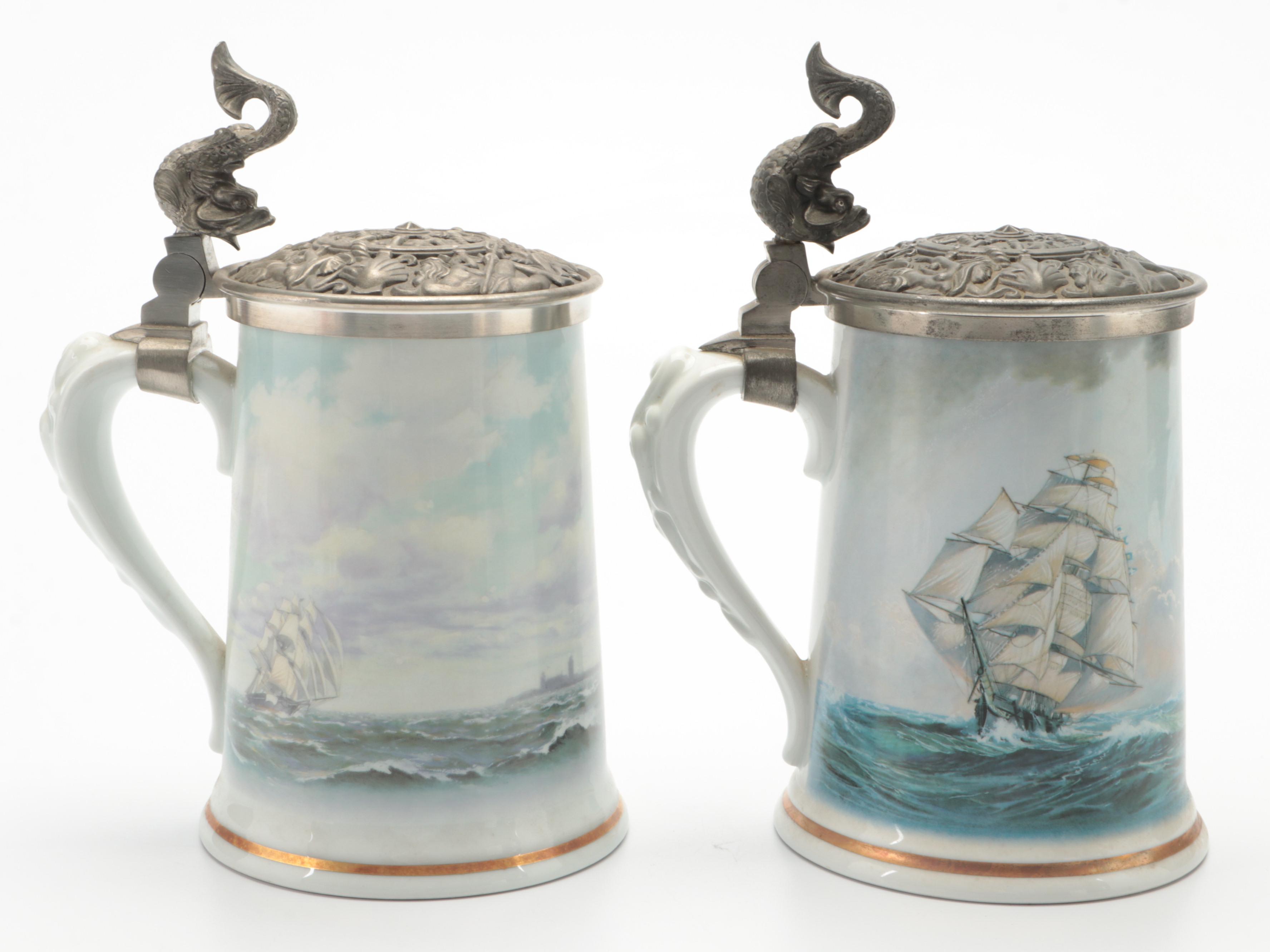 Haviland Limoges Clipper Ship Porcelain and Pewter Beer Steins | EBTH
