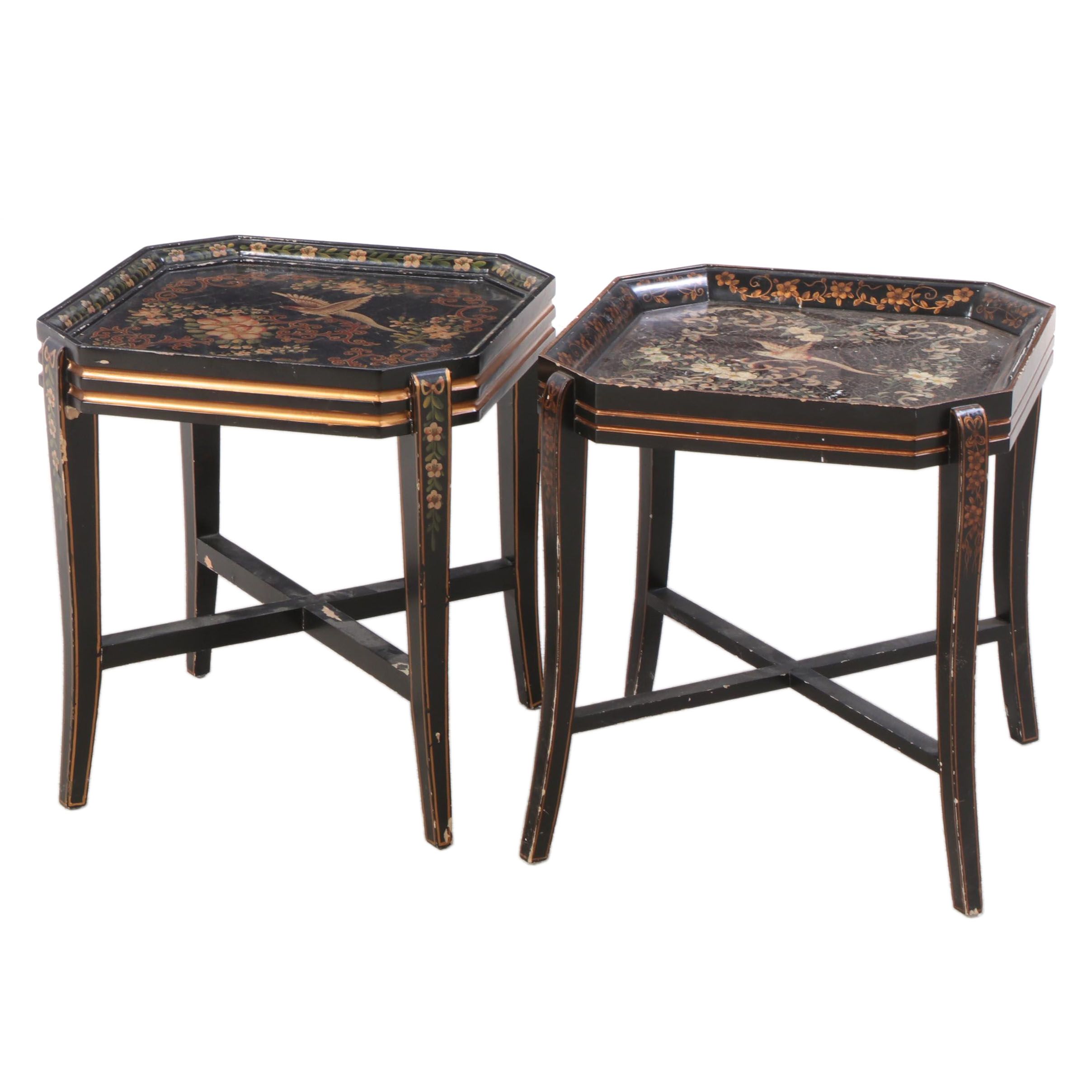 Near Pair of Black, Gilt, and Polychrome-Lacquered Chinoiserie Side ...