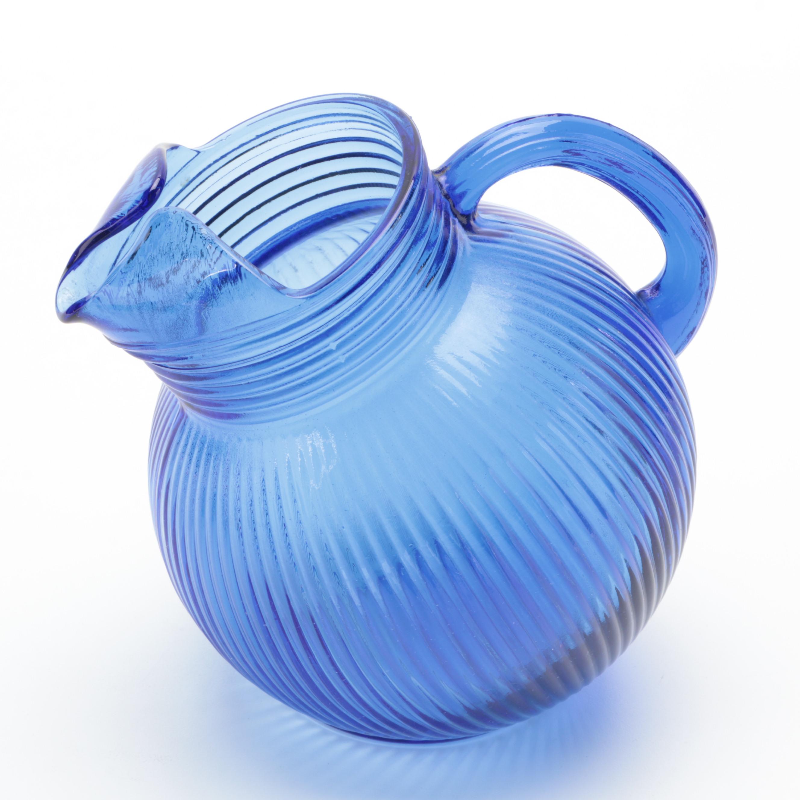 Hazel Atlas Blue Glass Ribbed Pitcher and Tableware with Ceramic ...