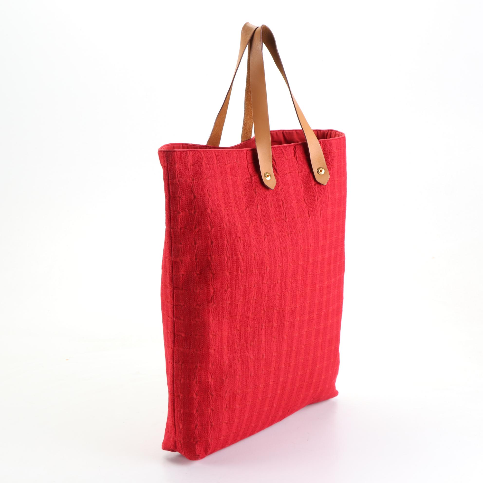Hermès Ahmedabad Tote in Red Grid Texture Cotton Canvas and Tan Leather ...