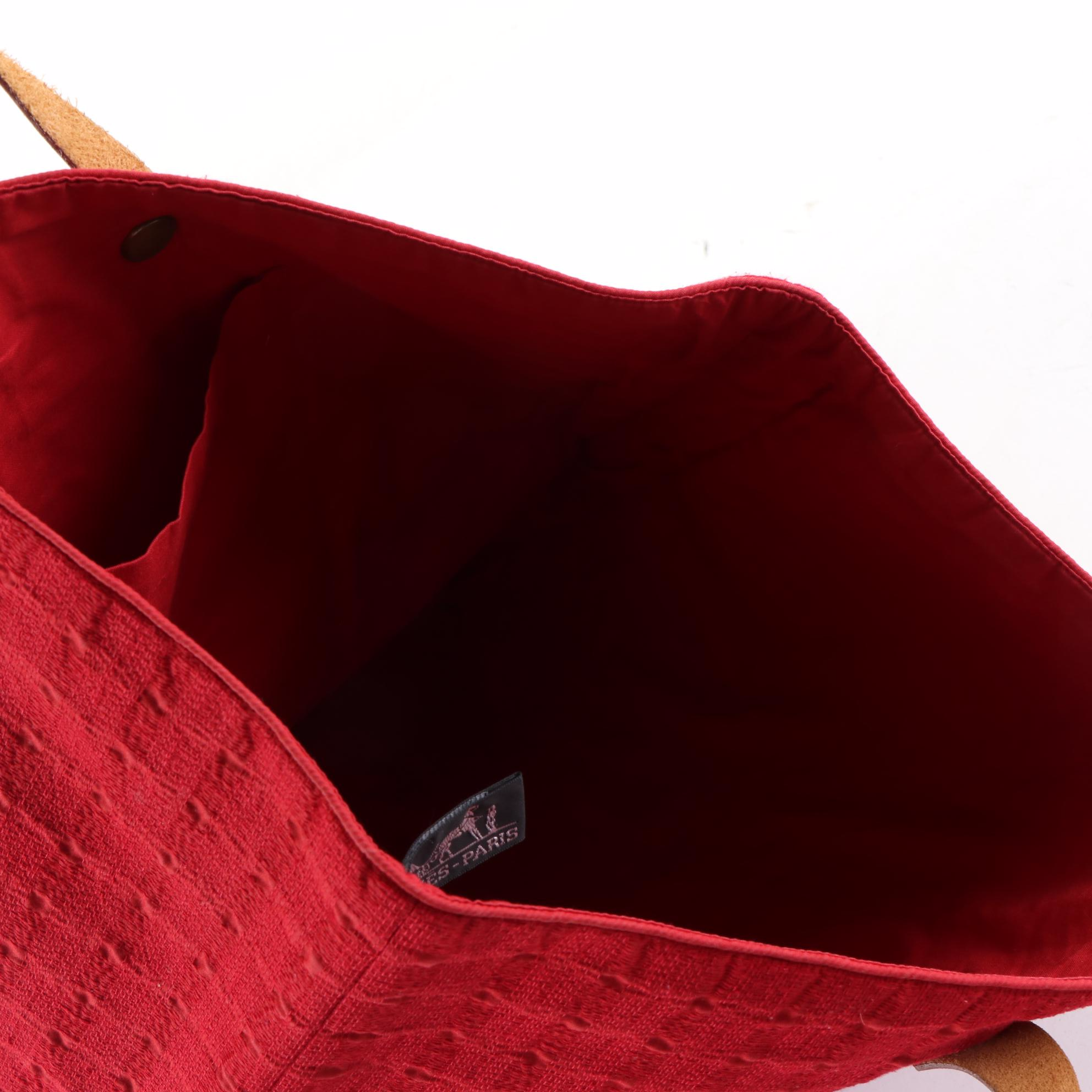 Hermès Ahmedabad Tote in Red Grid Texture Cotton Canvas and Tan Leather ...