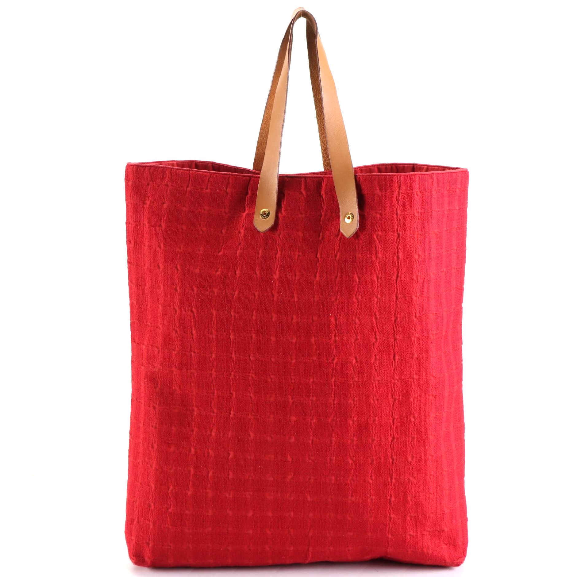 Hermès Ahmedabad Tote in Red Grid Texture Cotton Canvas and Tan Leather ...