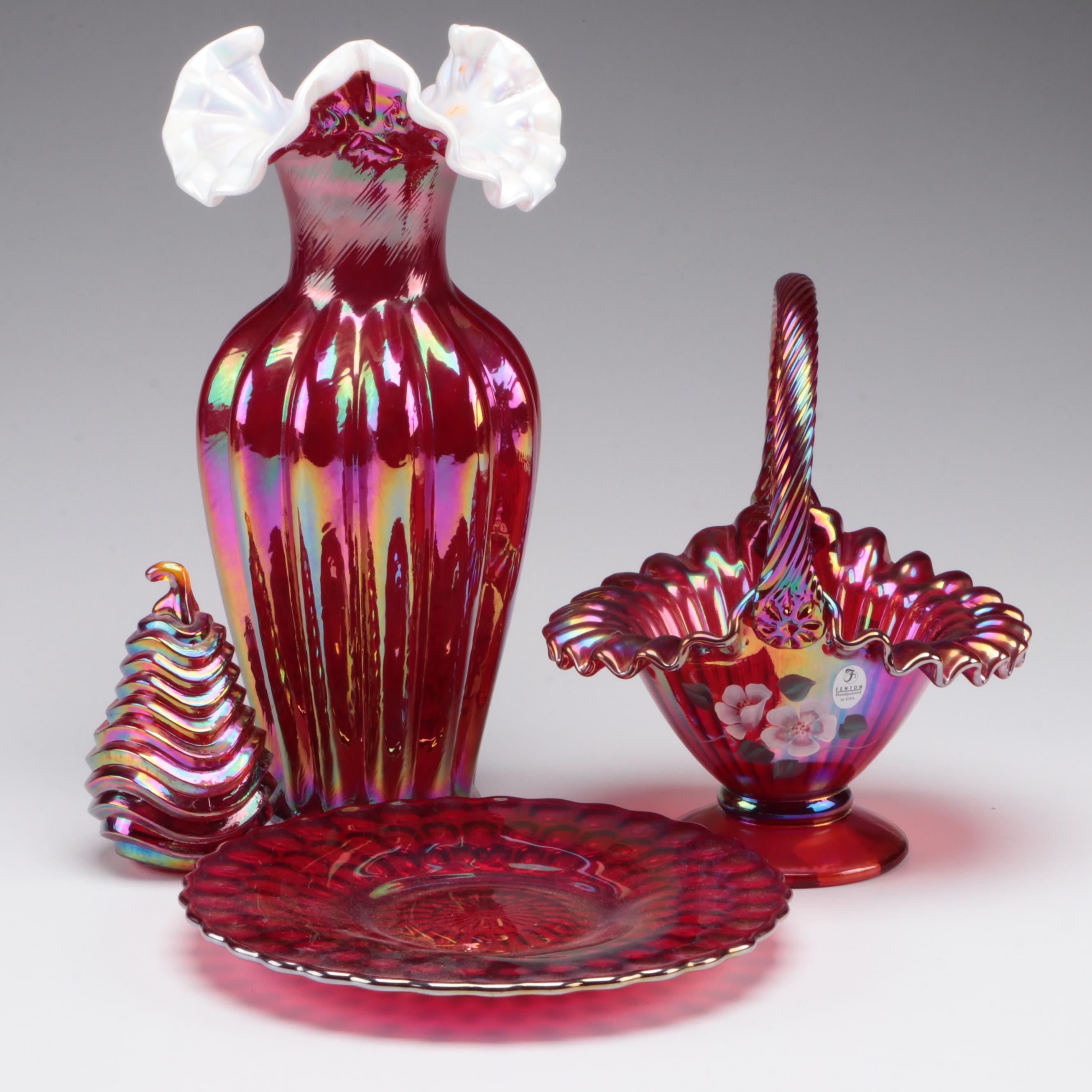 Fenton Hand-Painted Ruby Iridescent Ruffled Rim Basket and More Décor | EBTH
