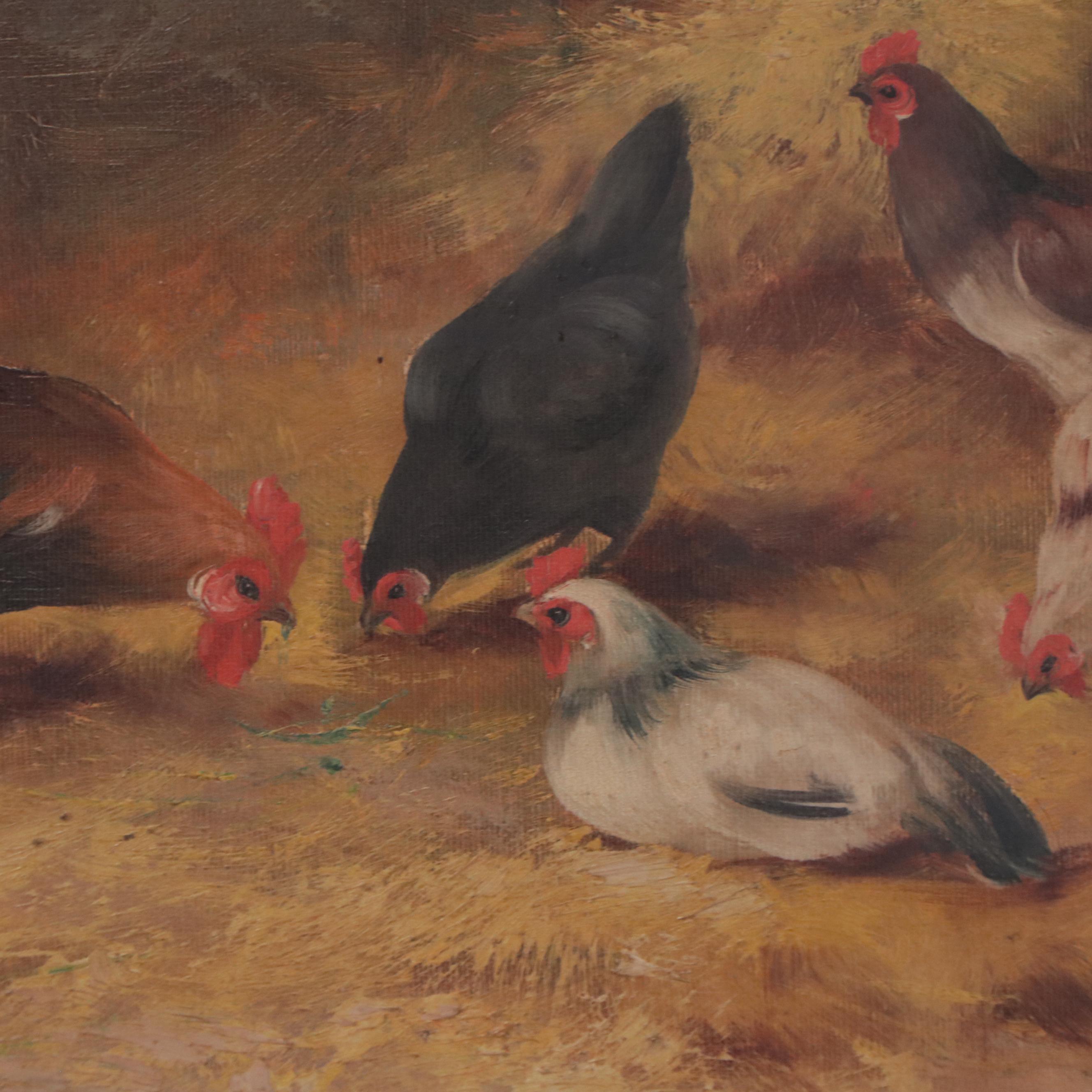 Oil Painting of Chickens in Barn | EBTH