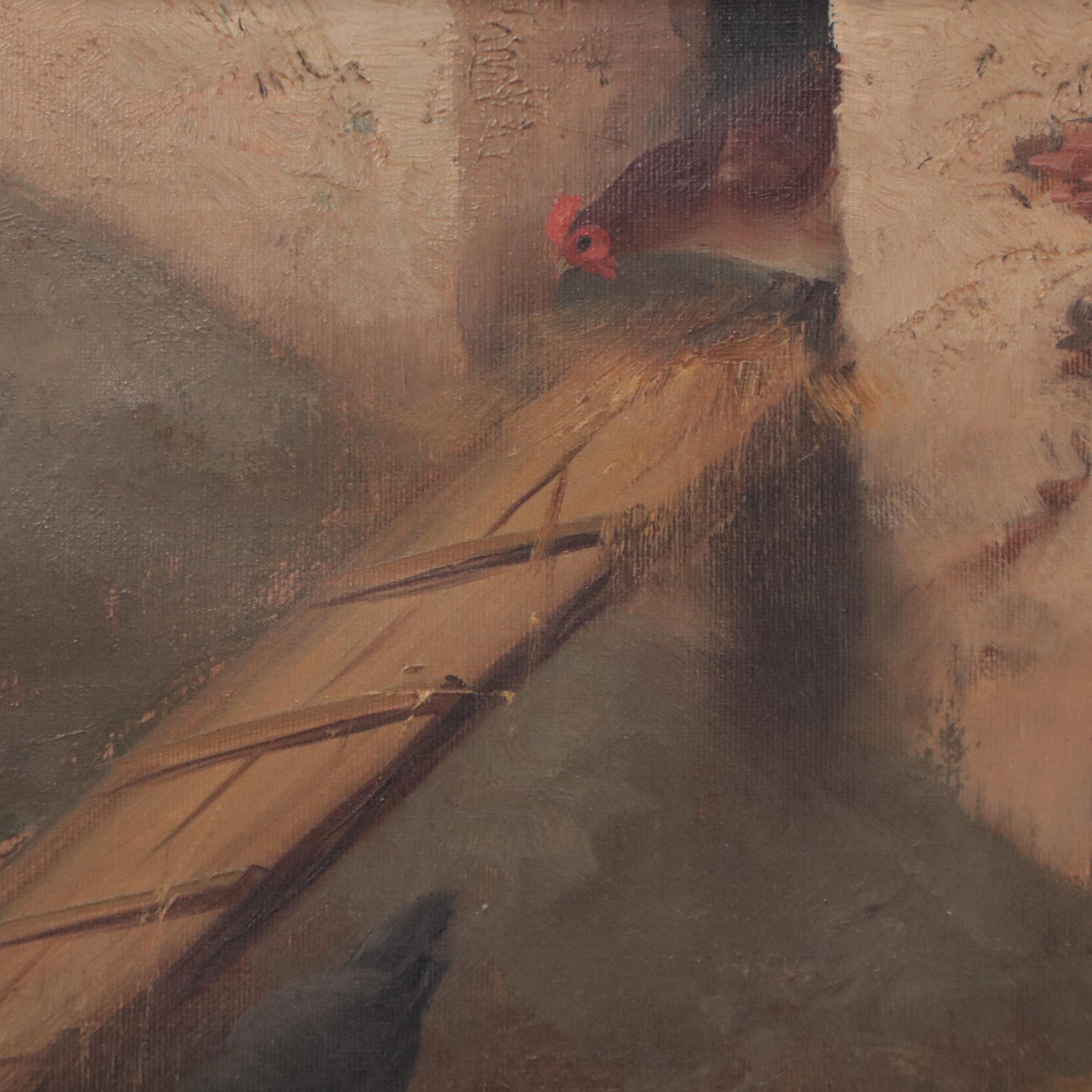 Oil Painting of Chickens in Barn | EBTH