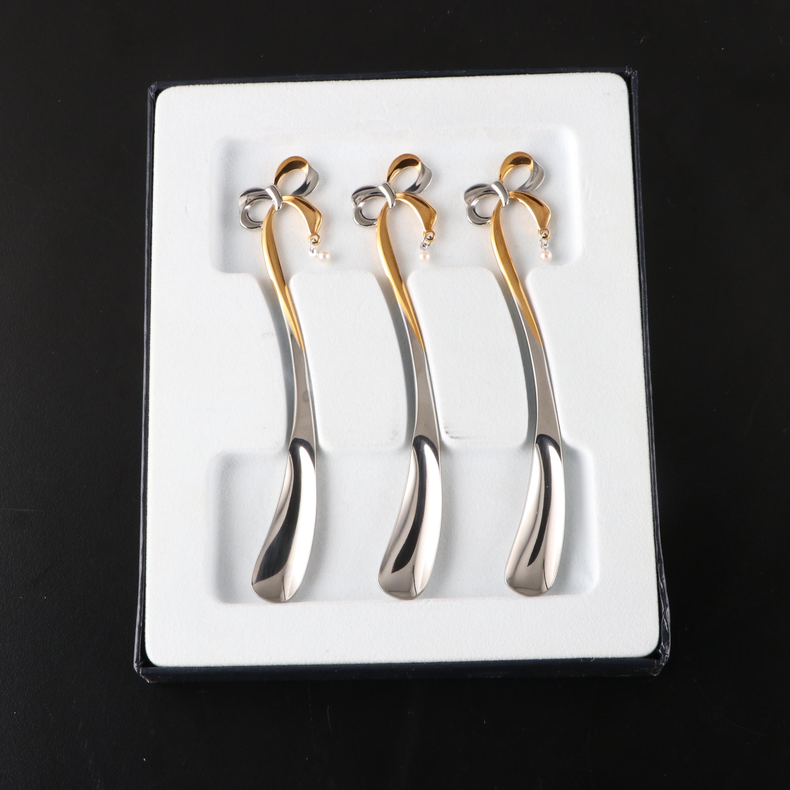 Mikimoto Cultured Pearl and Stainless Steel Bow Handle Spoons | EBTH