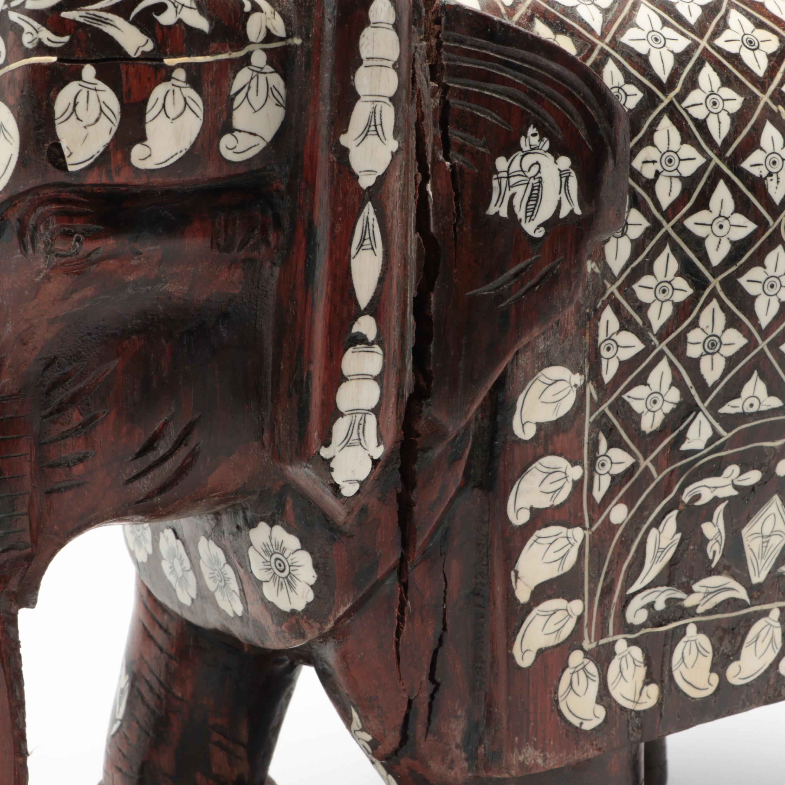 Indian Carved Wood Elephant with Inlaid Bone Ornamentation | EBTH