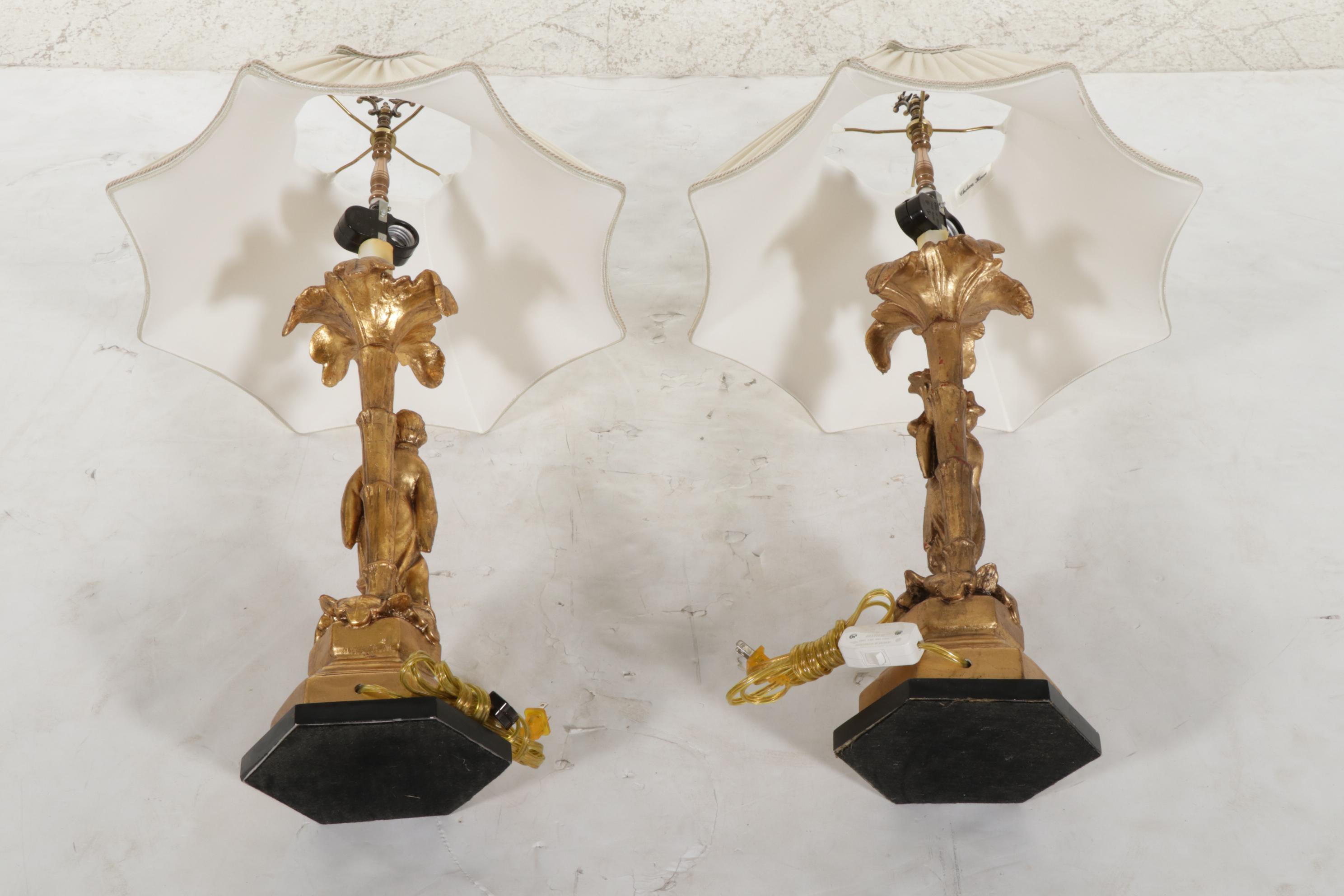 Pair of Chelsea House Gilt Metal Figural Table Lamps with Custom Shades ...