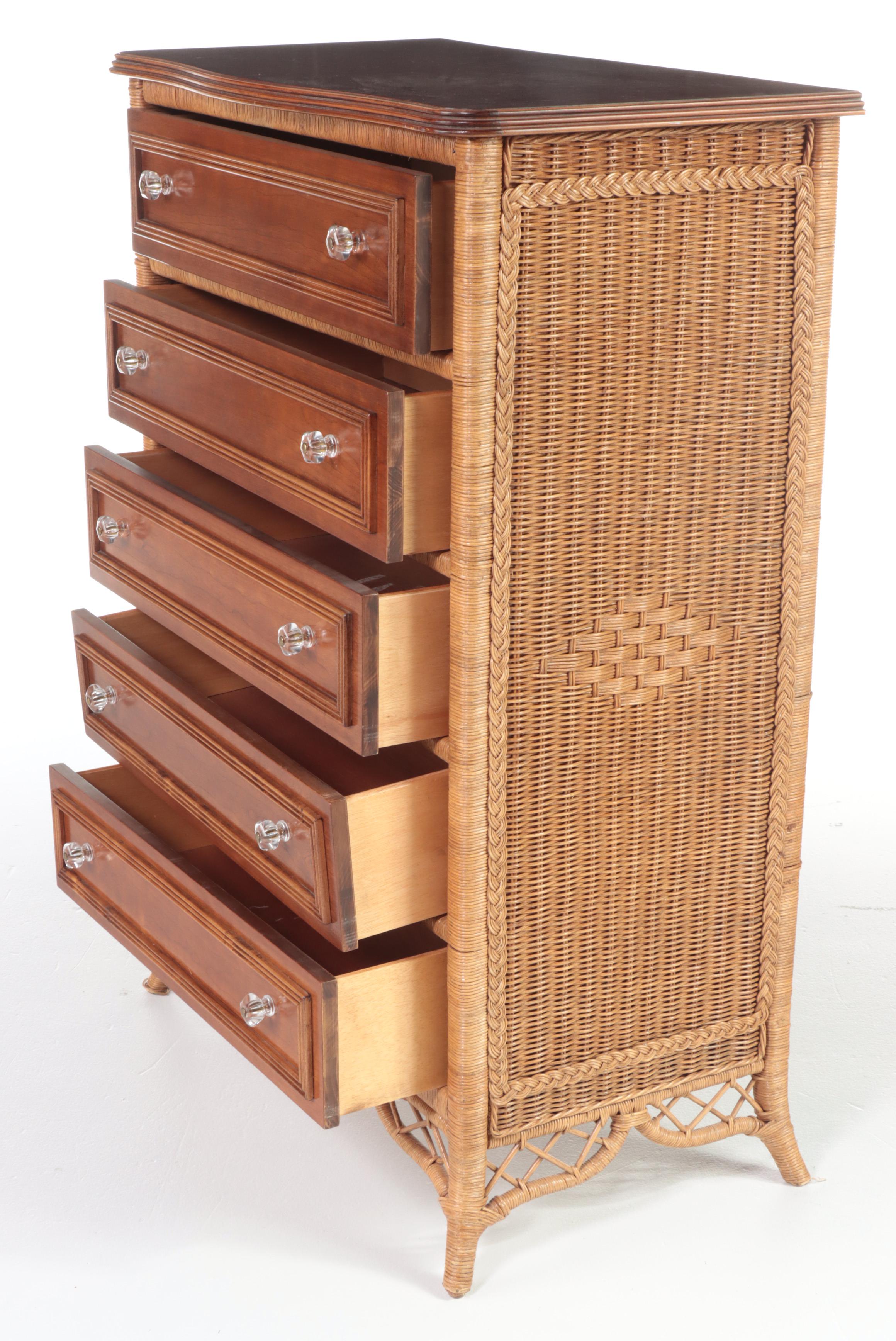 Lexington/Henry Link Cherrywood and Wicker Five-Drawer Chest | EBTH