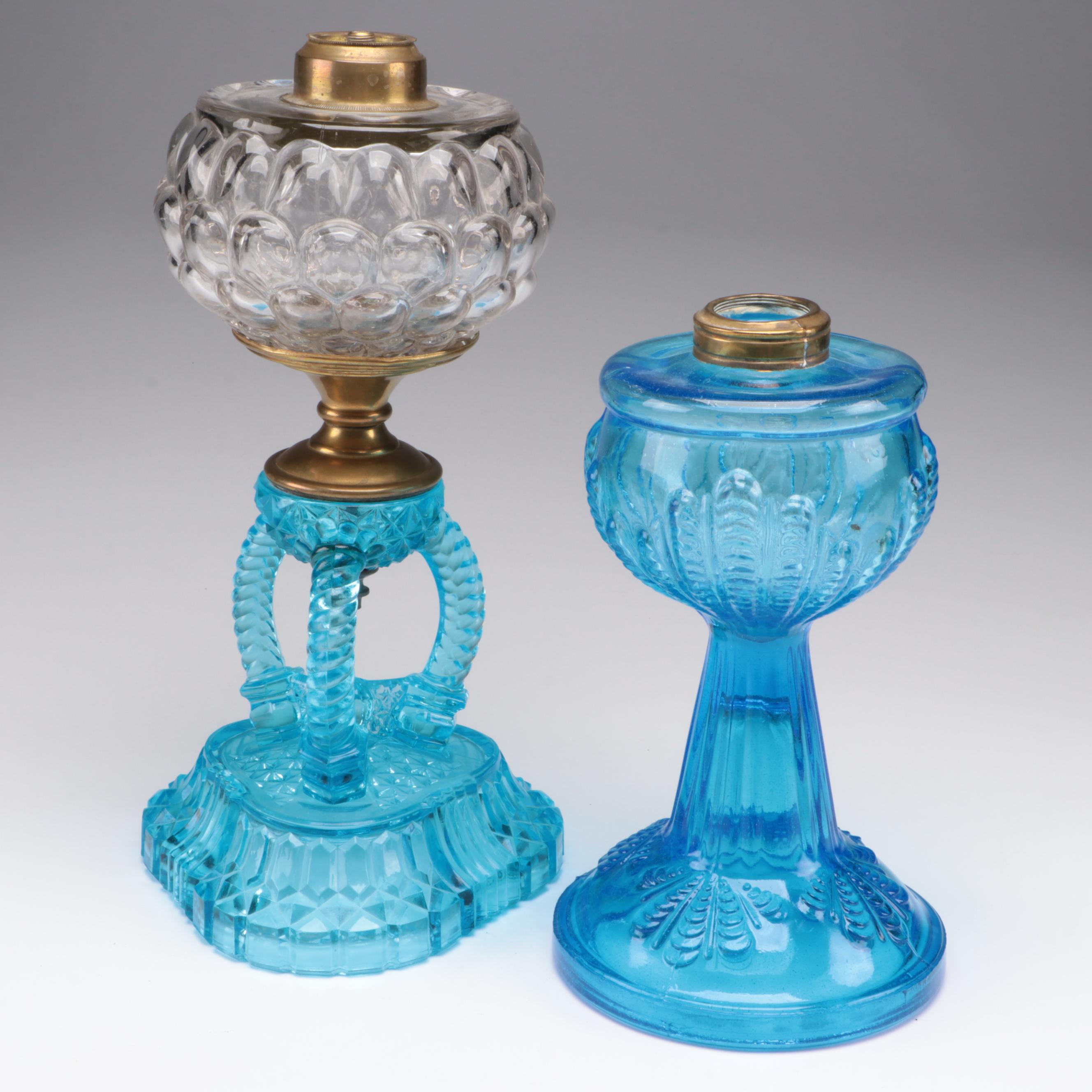 Palmetto Style Glass With Blue Pressed Glass Oil Lamp Fonts, Late 19th ...