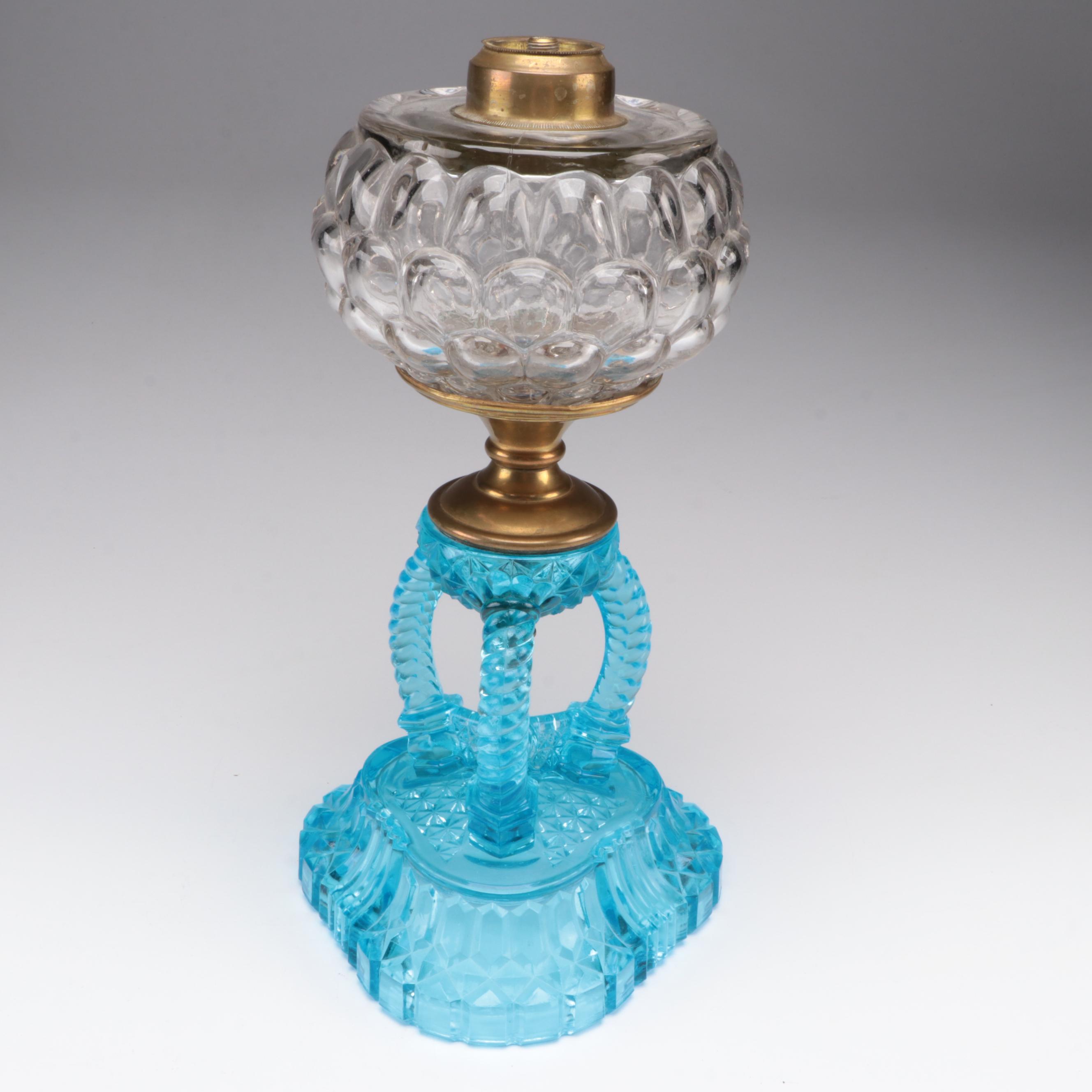 Palmetto Style Glass With Blue Pressed Glass Oil Lamp Fonts, Late 19th ...