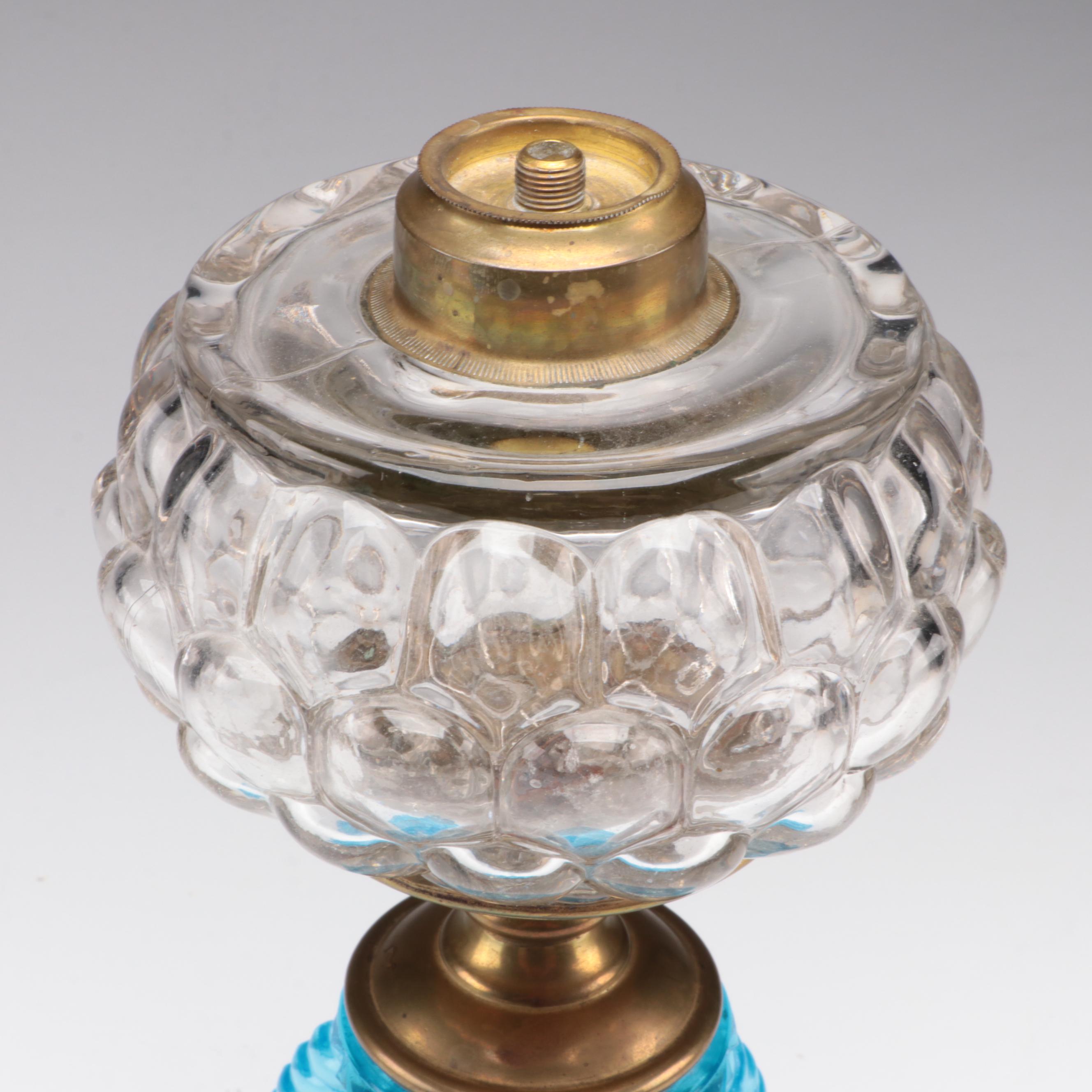 Palmetto Style Glass With Blue Pressed Glass Oil Lamp Fonts, Late 19th ...