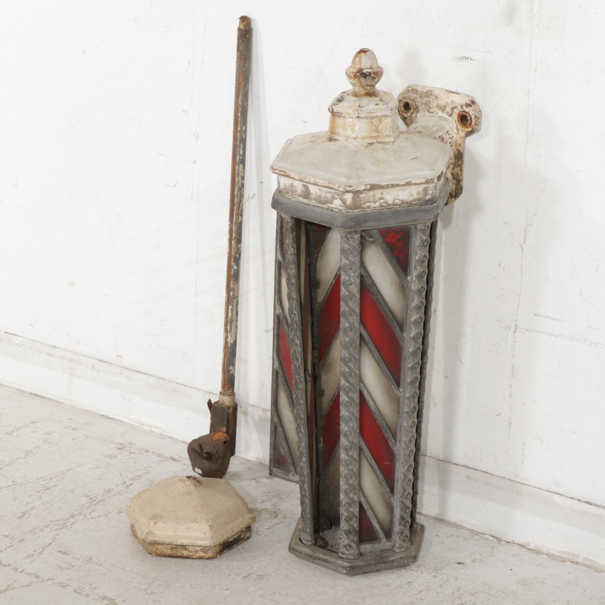 Metal With Red and White Glass Barber/Surgeon's Pole Wall Light, Early ...