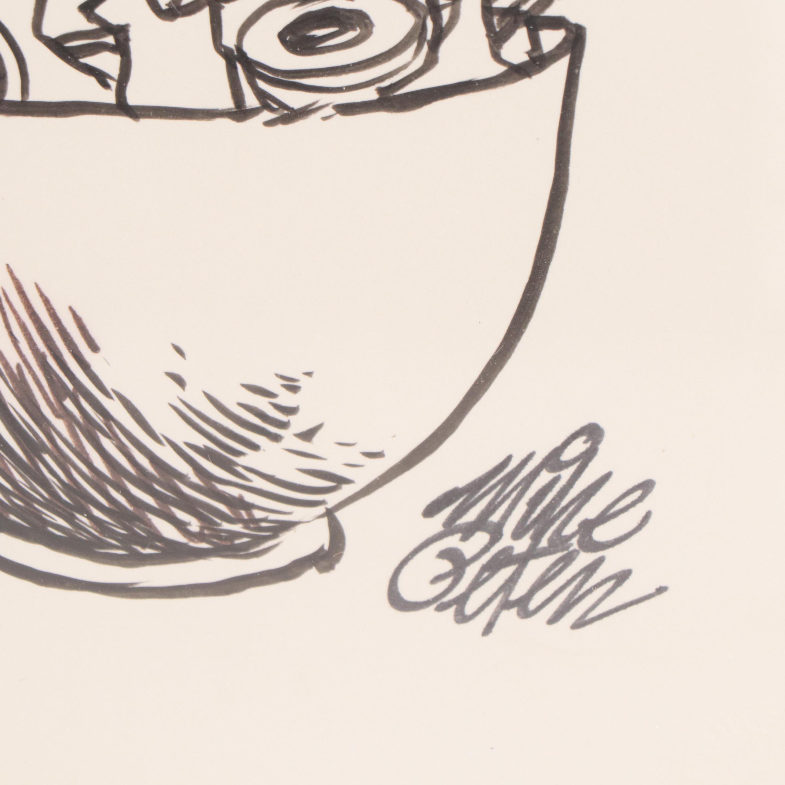 Mike Peters Cartoon Ink Drawing of Figure and Bowl | EBTH