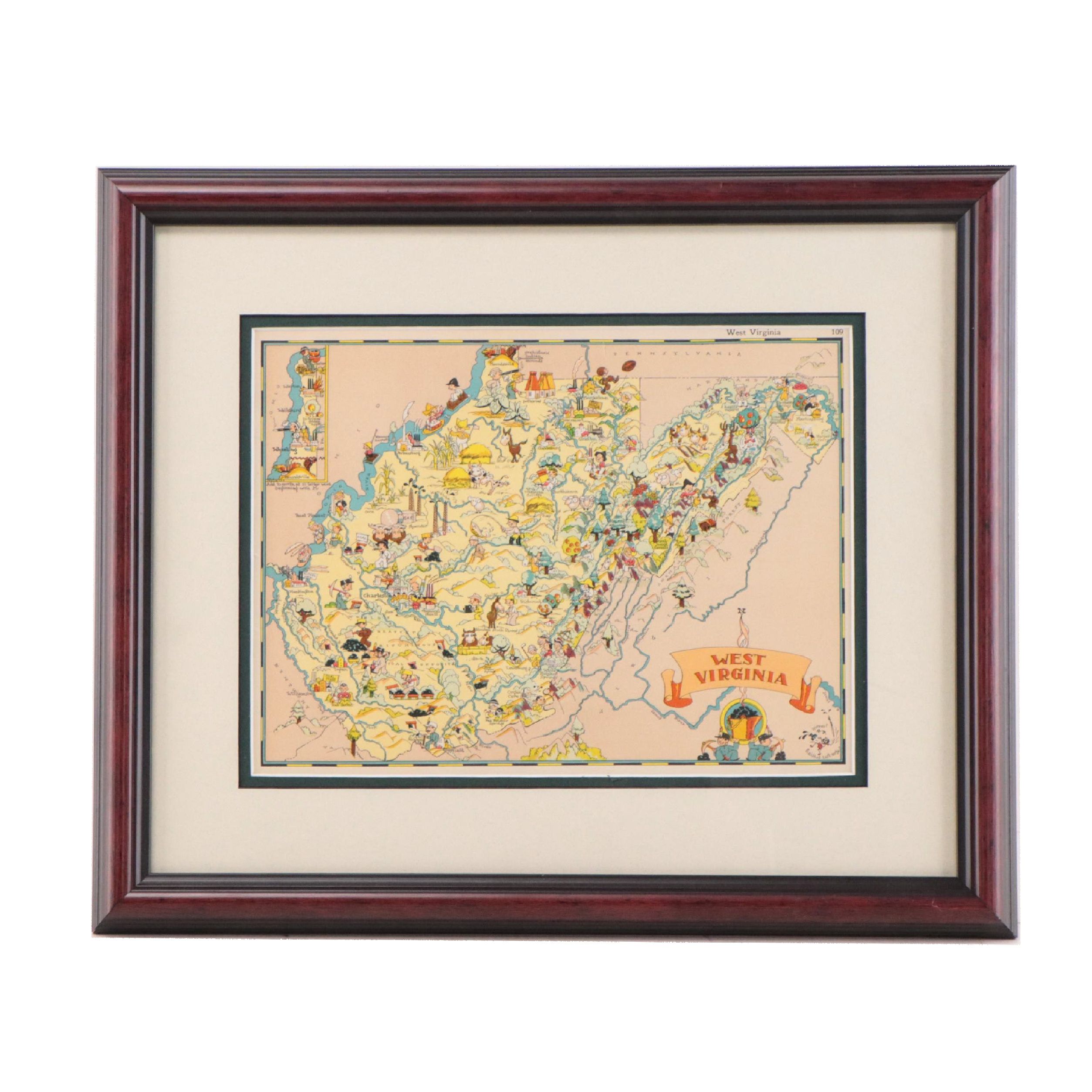 Ruth Taylor White Pictorial Lithograph Map "West Virginia," 1935 | EBTH