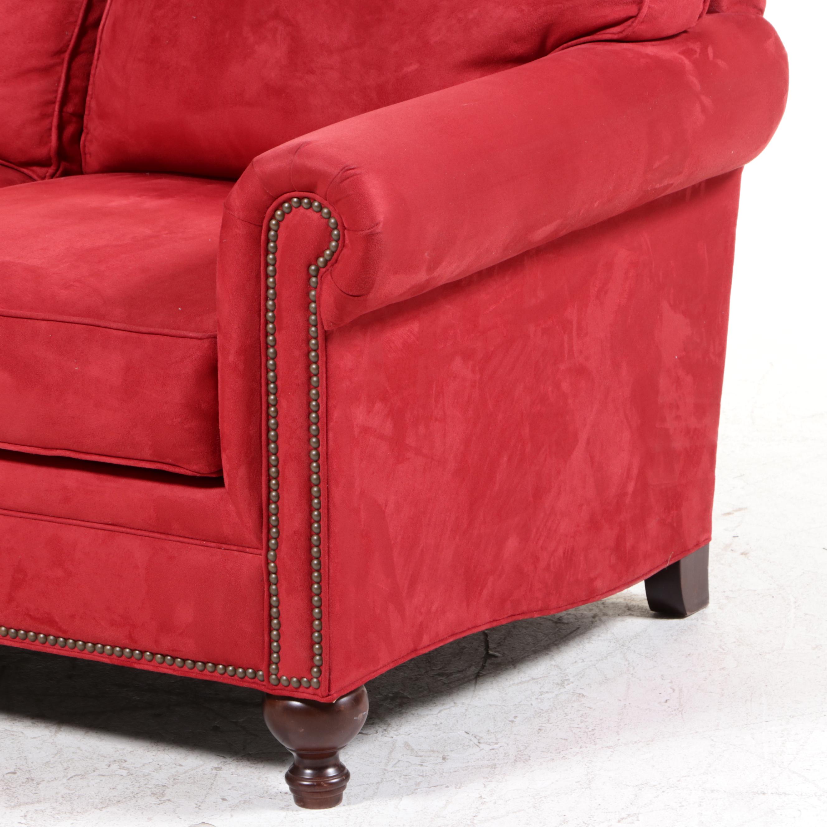 Broyhill Red Microfiber Roll-Arm Sofa with Nailheads | EBTH