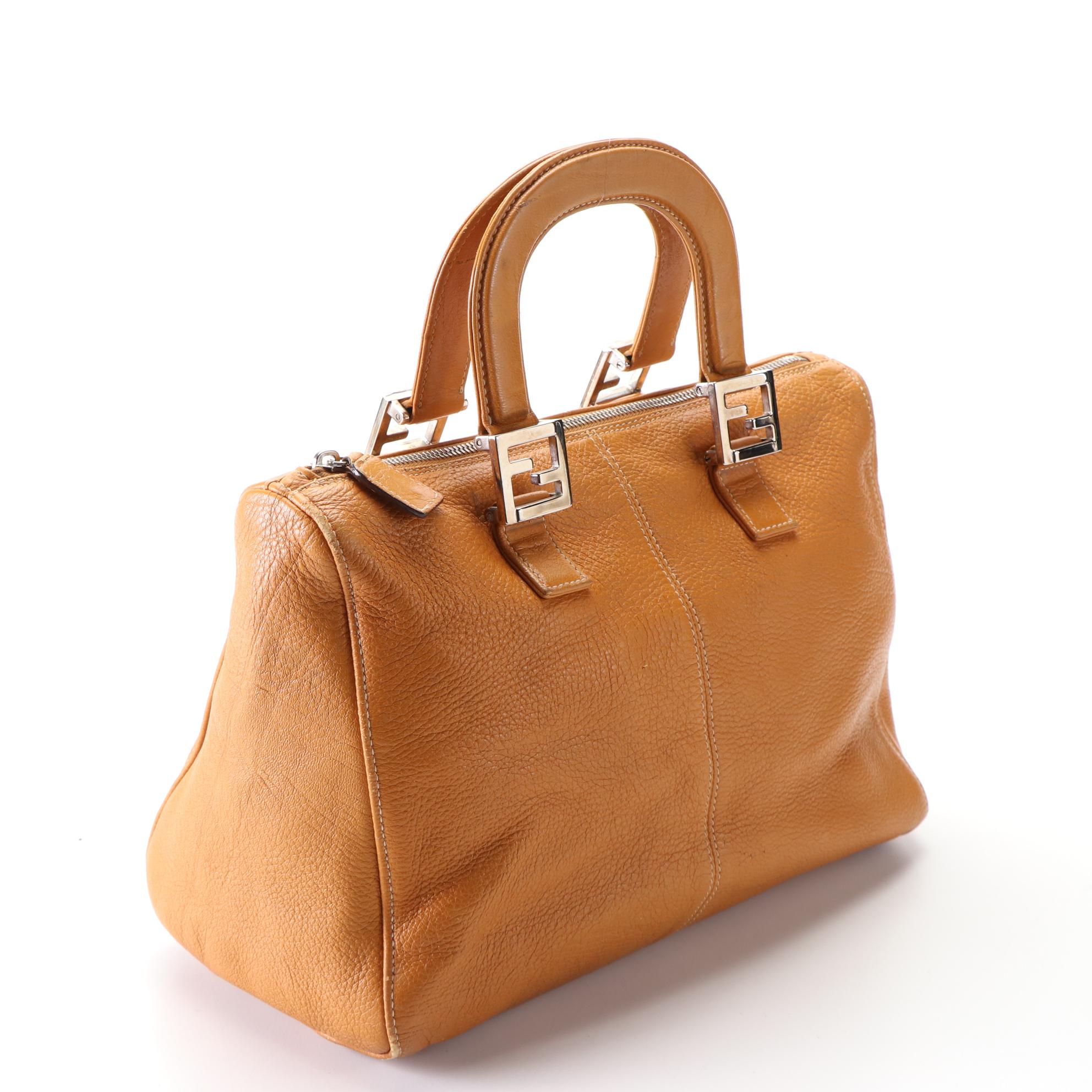 Fendi Top Handle Handbag in Pebbled Leather with Contrast Stitch Detail ...