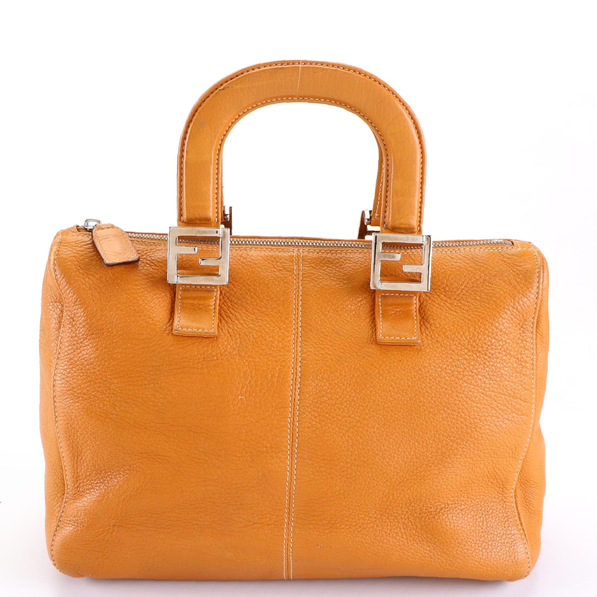Fendi Top Handle Handbag in Pebbled Leather with Contrast Stitch Detail ...