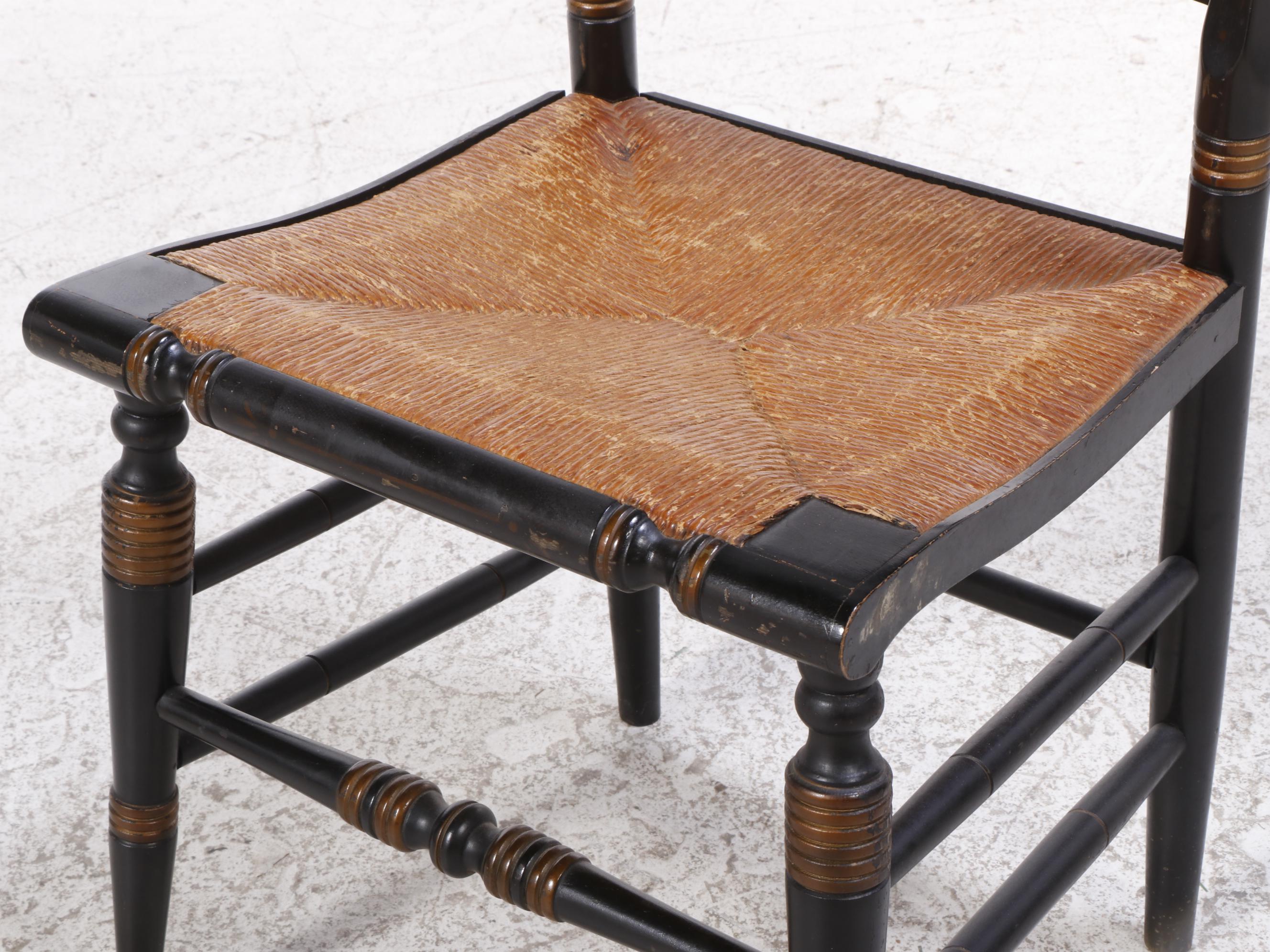 Hitchcock Style Ebonized Wood Rush Bottom Dining Chairs with Stencil ...