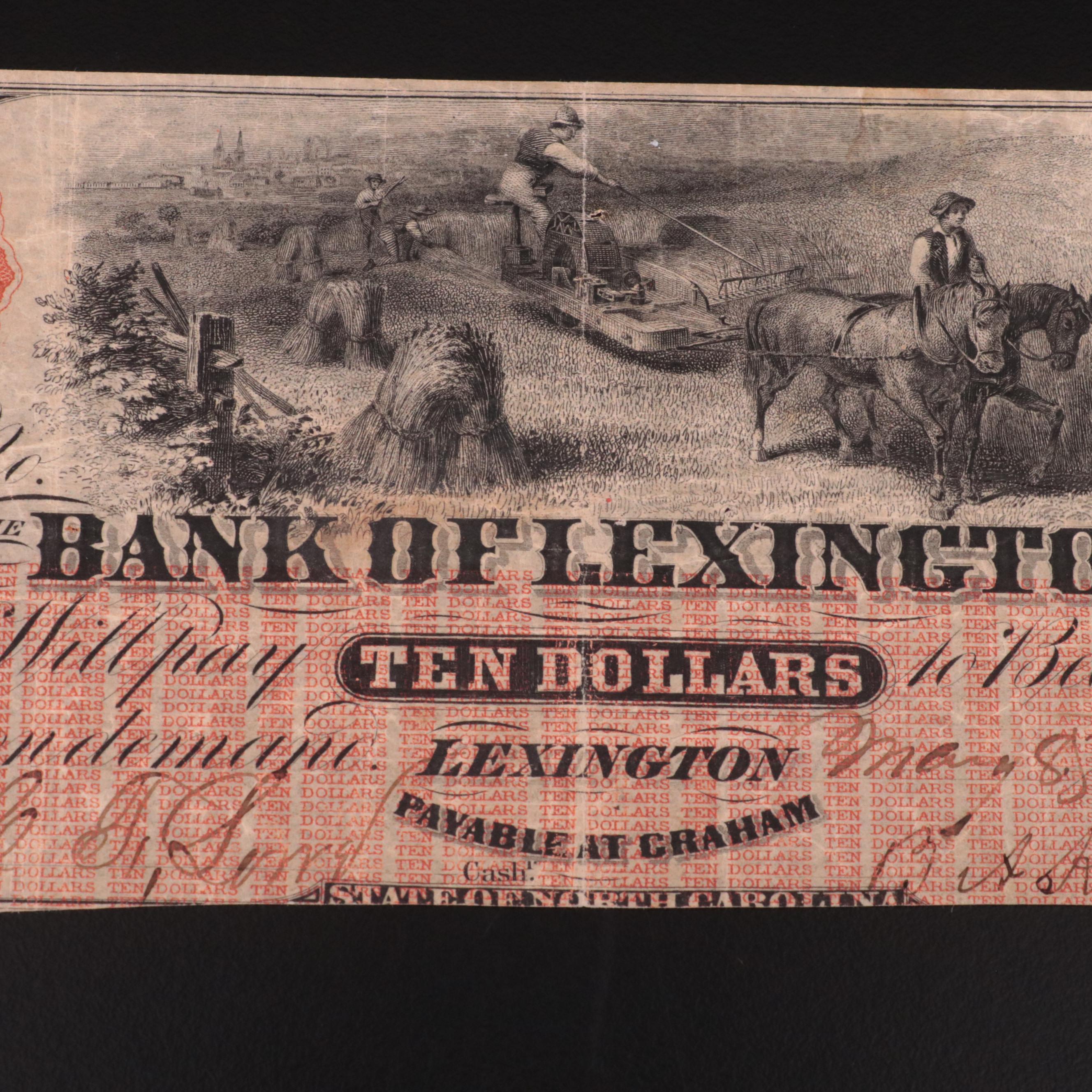1860 Bank of Lexington, North Carolina $10 Obsolete Note | EBTH