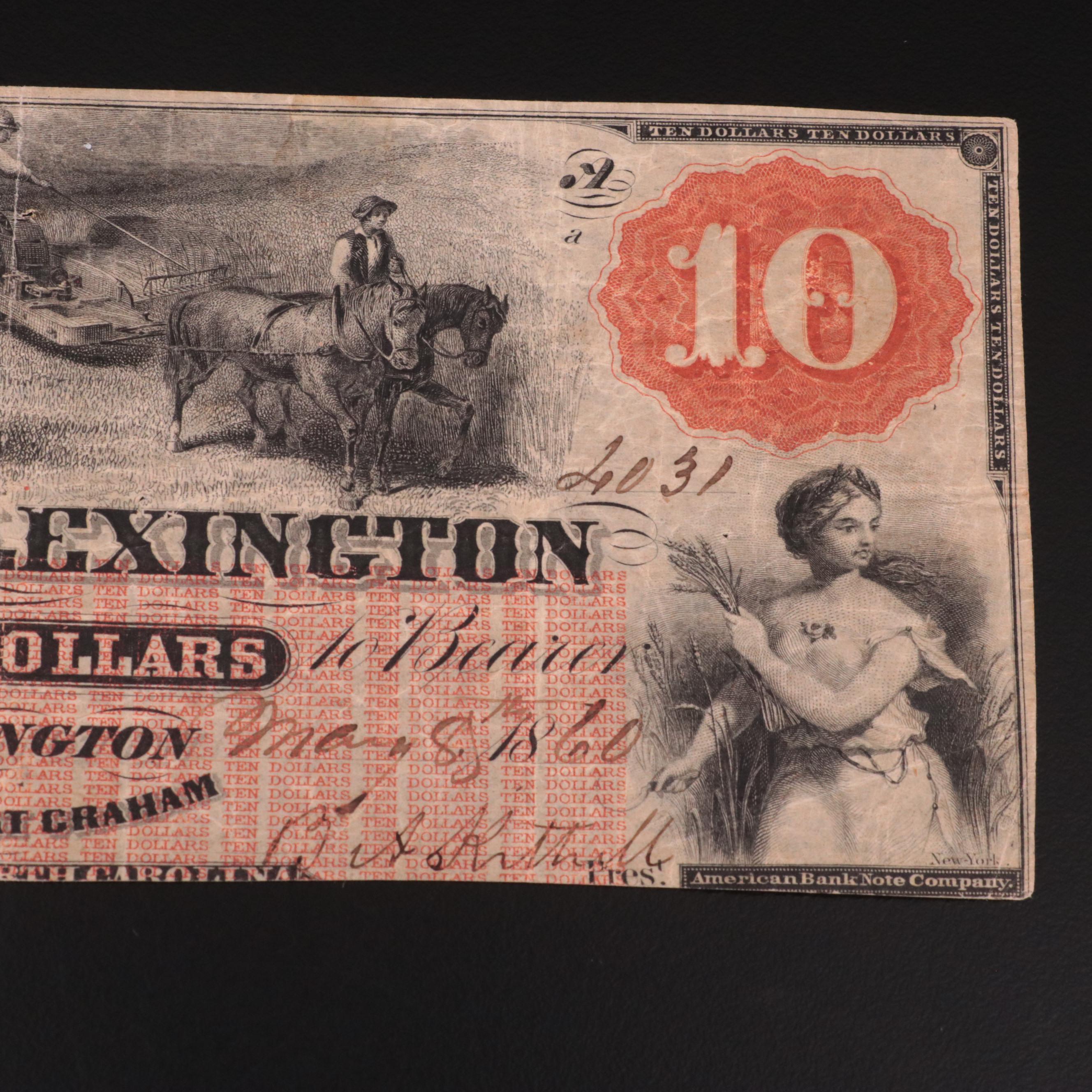1860 Bank of Lexington, North Carolina $10 Obsolete Note | EBTH