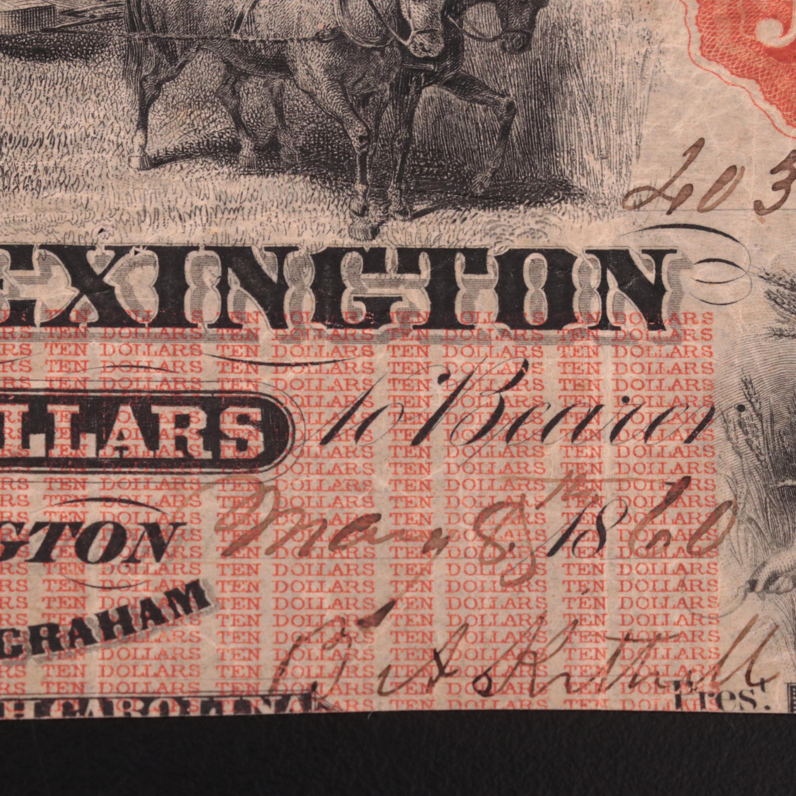 1860 Bank of Lexington, North Carolina $10 Obsolete Note | EBTH