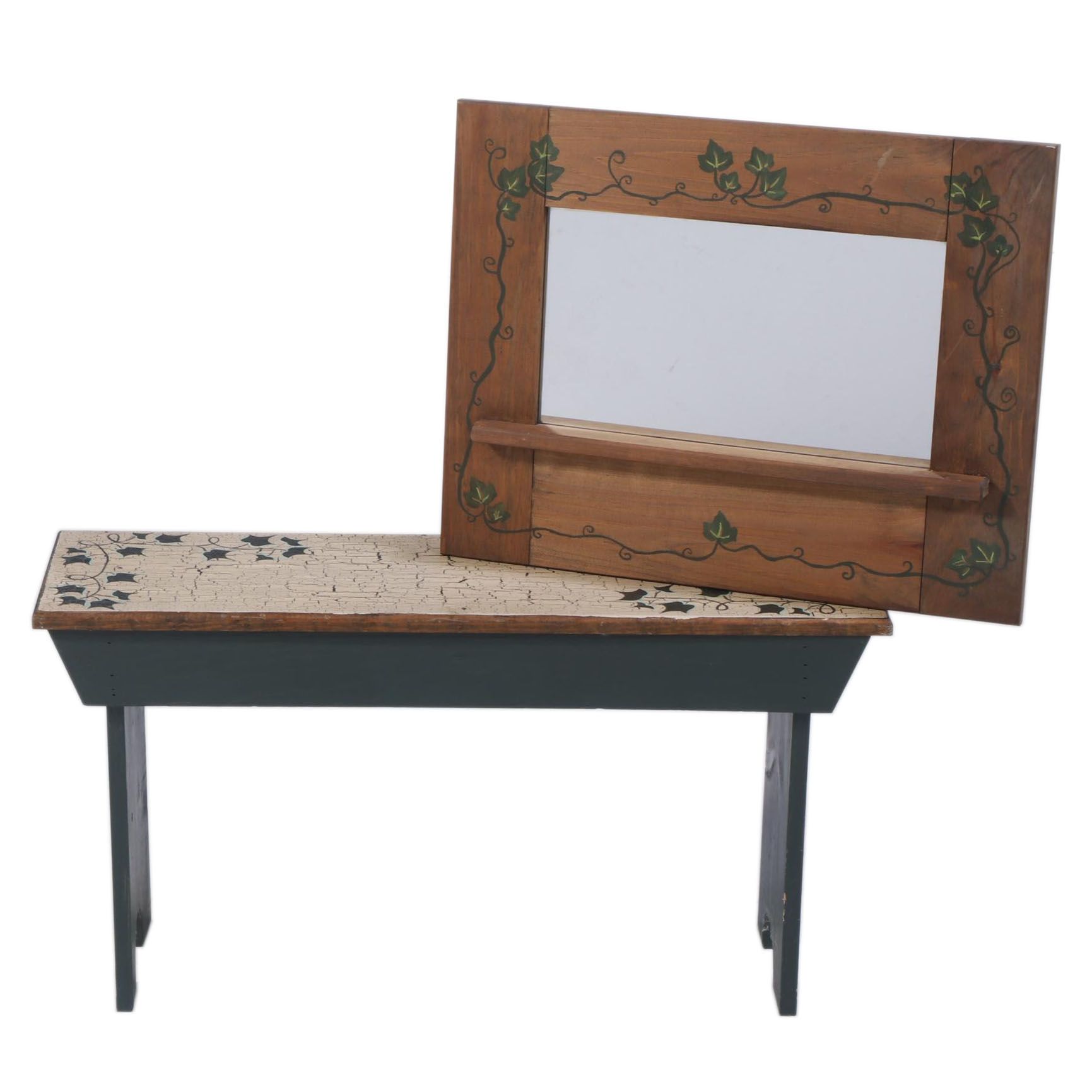 Primitive Style Paint-Decorated Wooden Bootjack Bench and Mirror | EBTH