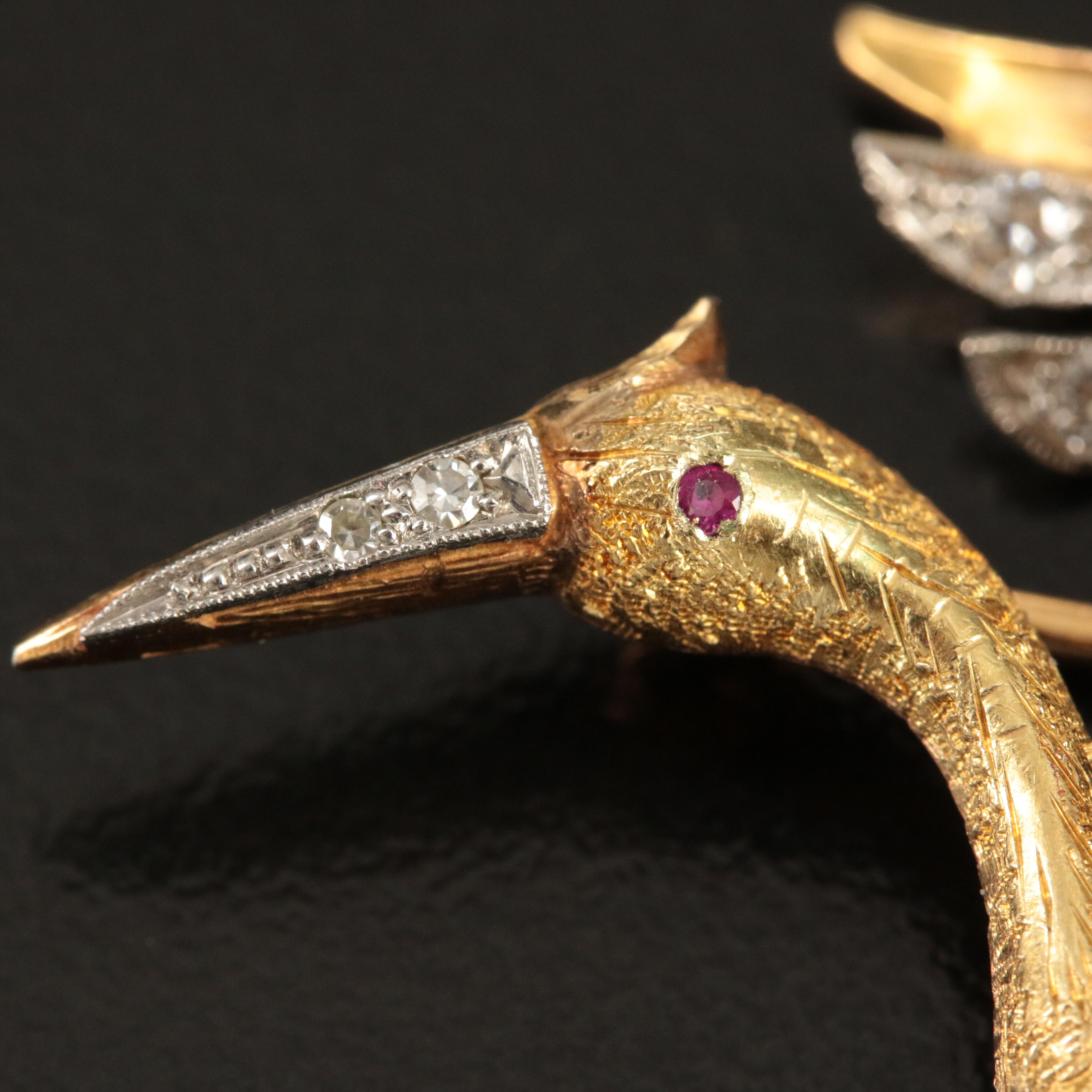 Vintage 18K Diamond and Ruby Crane Converter Brooch with Platinum ...