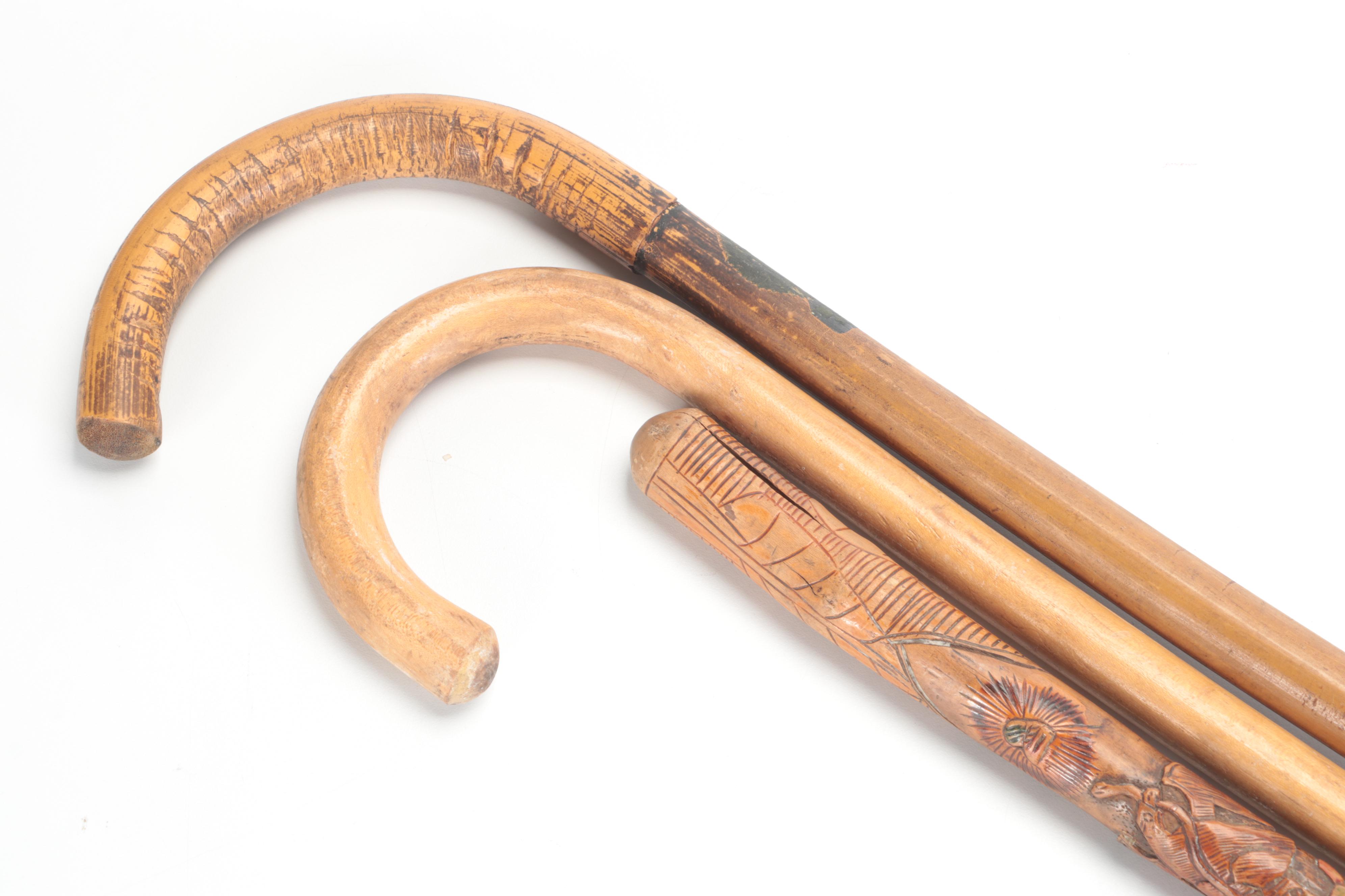 Mexican and Other Hook Handled Wooden Canes and Walking Stick | EBTH