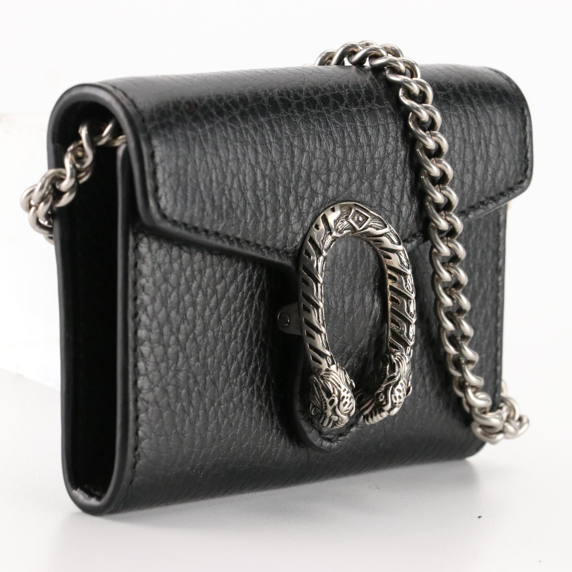Gucci Dionysus Coin Purse in Black Grained Leather with Chain Strap | EBTH