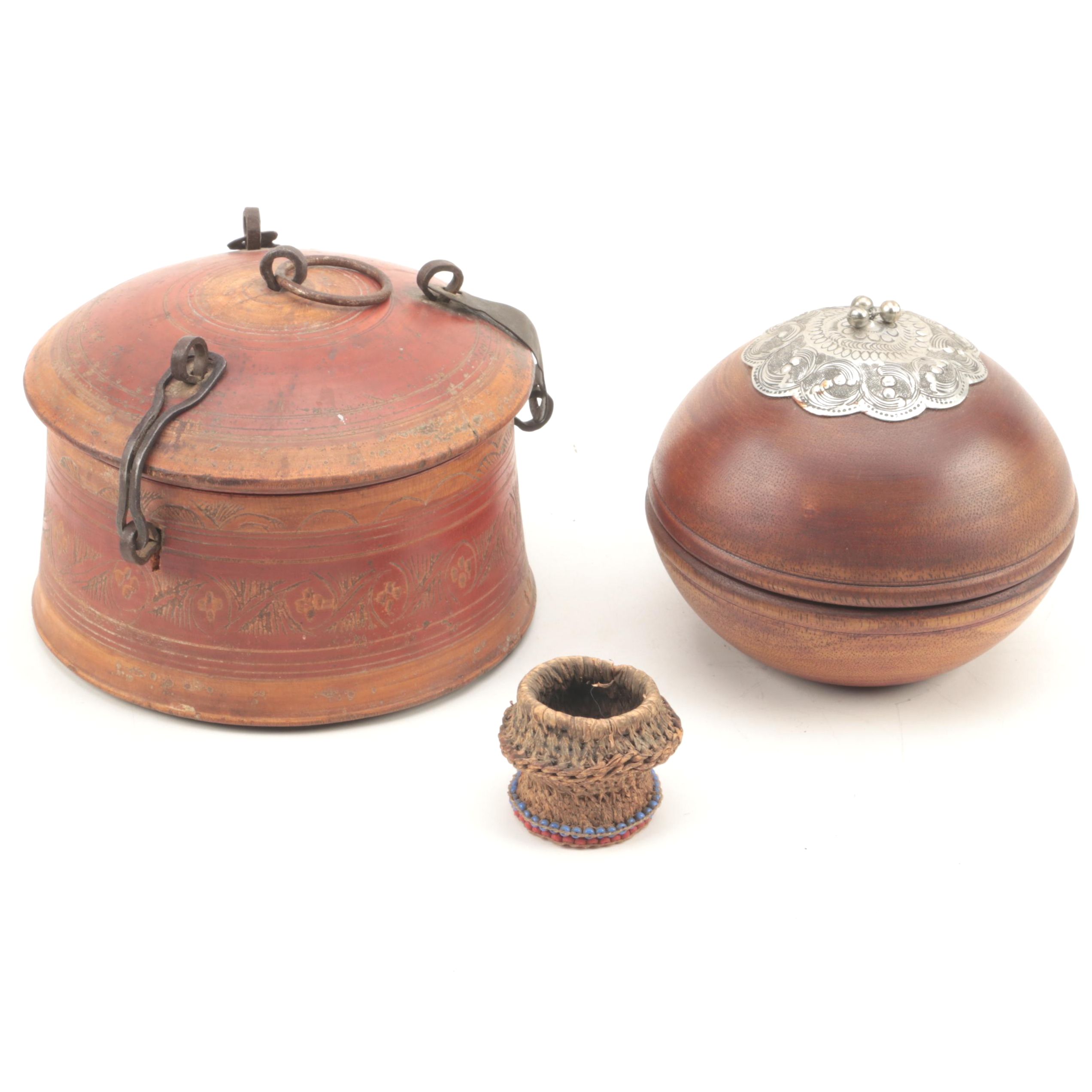 Two Metal-Mounted Wooden Boxes with Woven Raffia Miniature Basket | EBTH