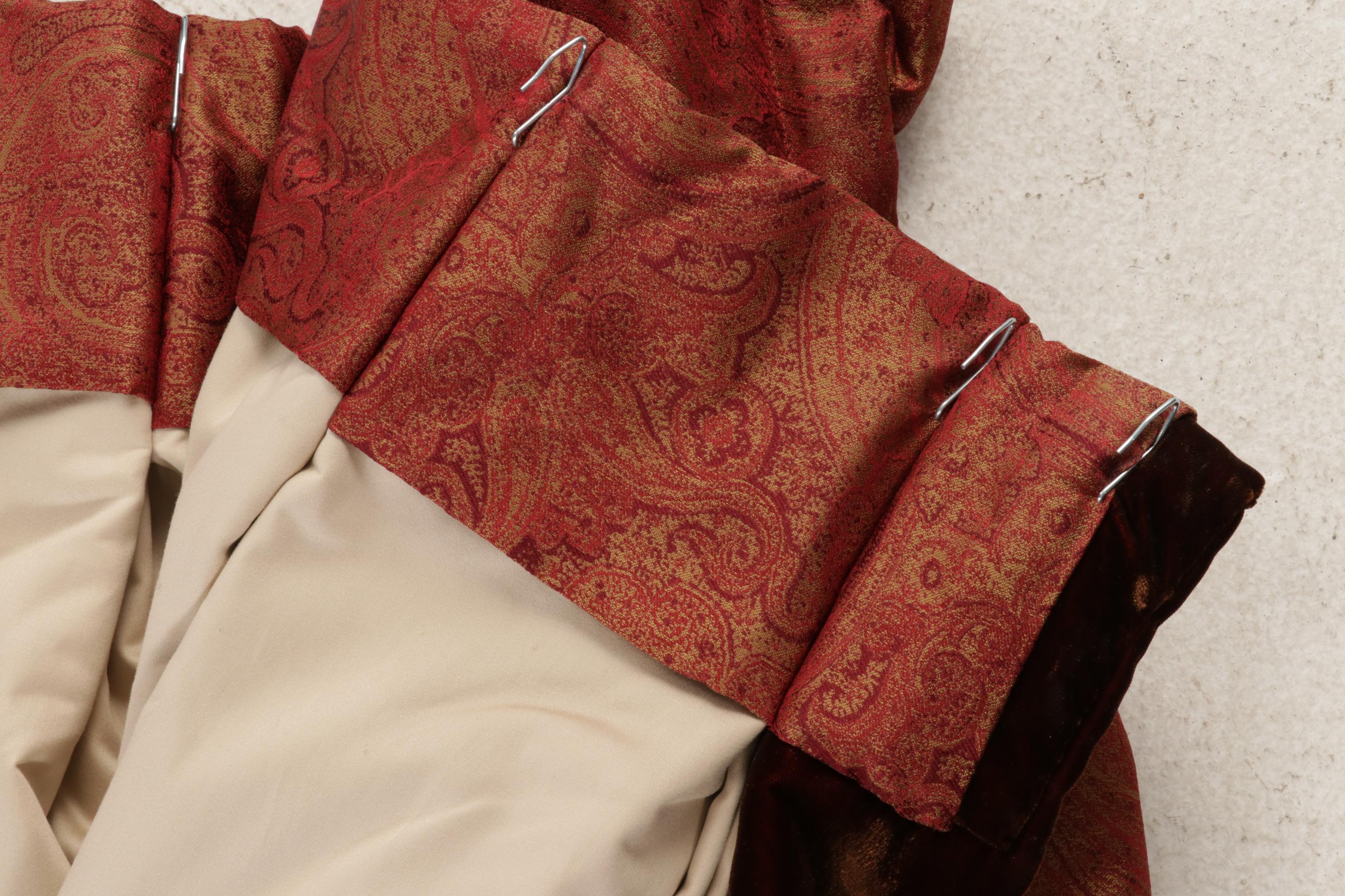 Brick Red and Gold Paisley Drapes With Hardware | EBTH