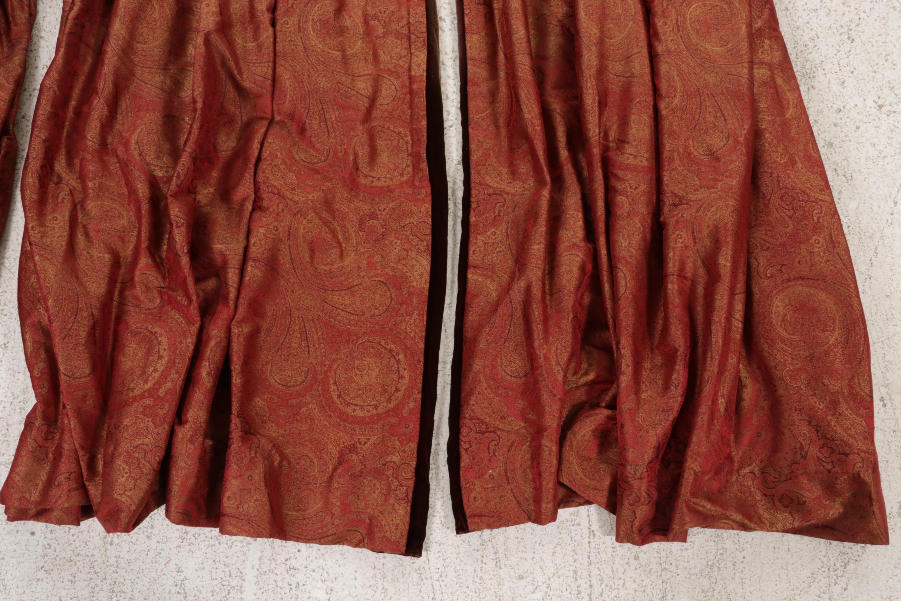 Brick Red and Gold Paisley Drapes With Hardware | EBTH