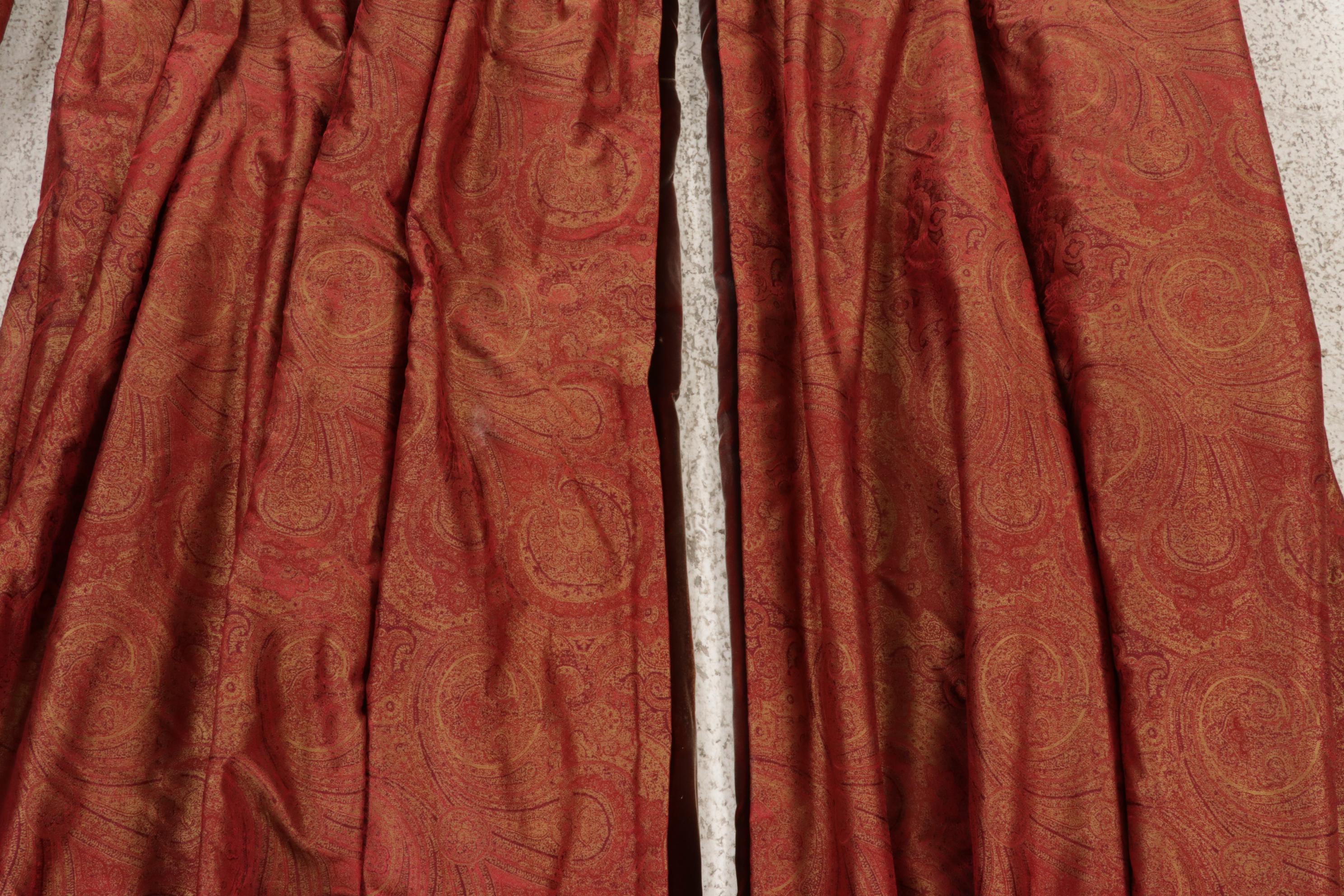 Brick Red and Gold Paisley Drapes With Hardware | EBTH