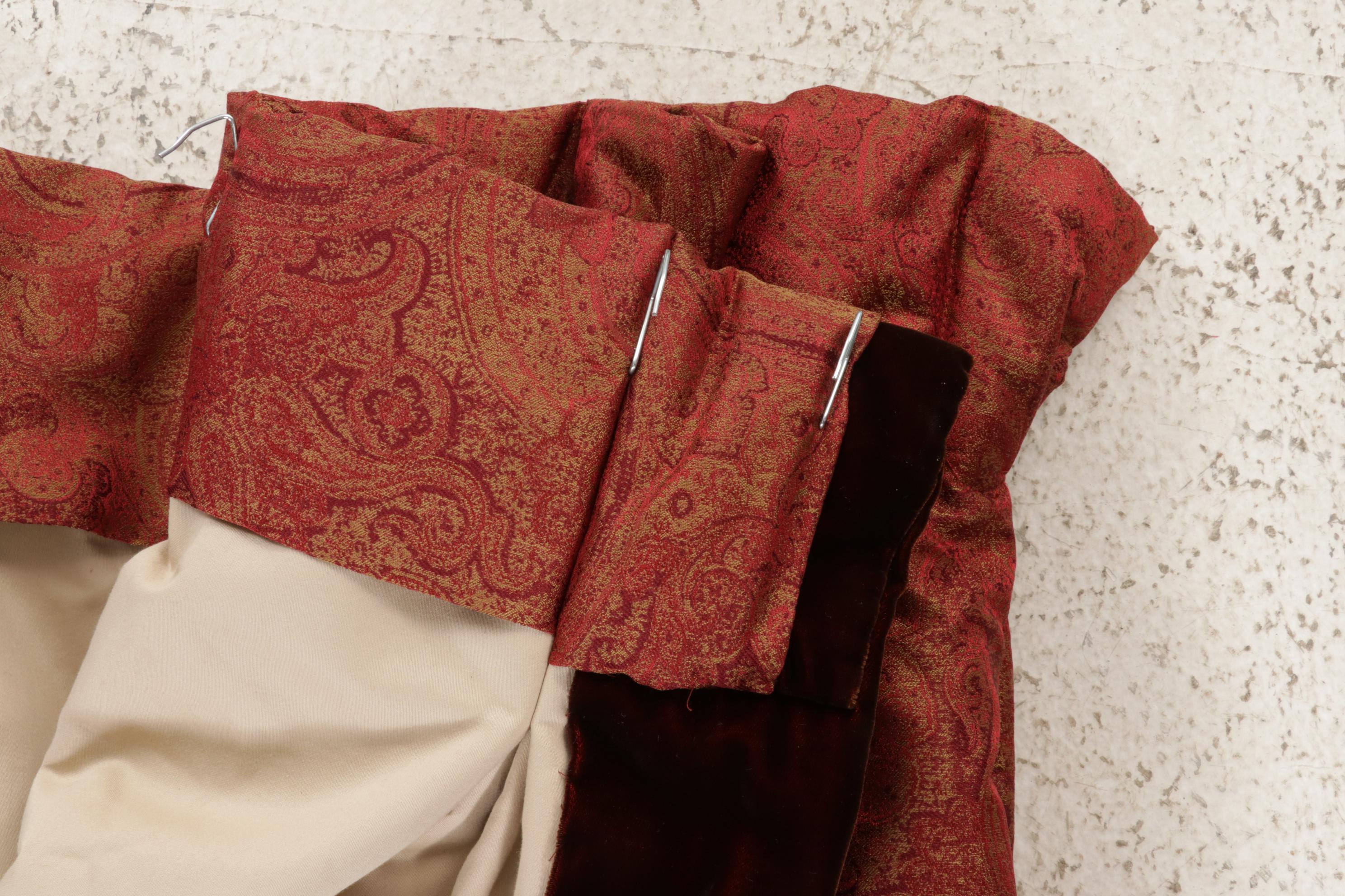 Brick Red and Gold Paisley Drapes With Hardware | EBTH
