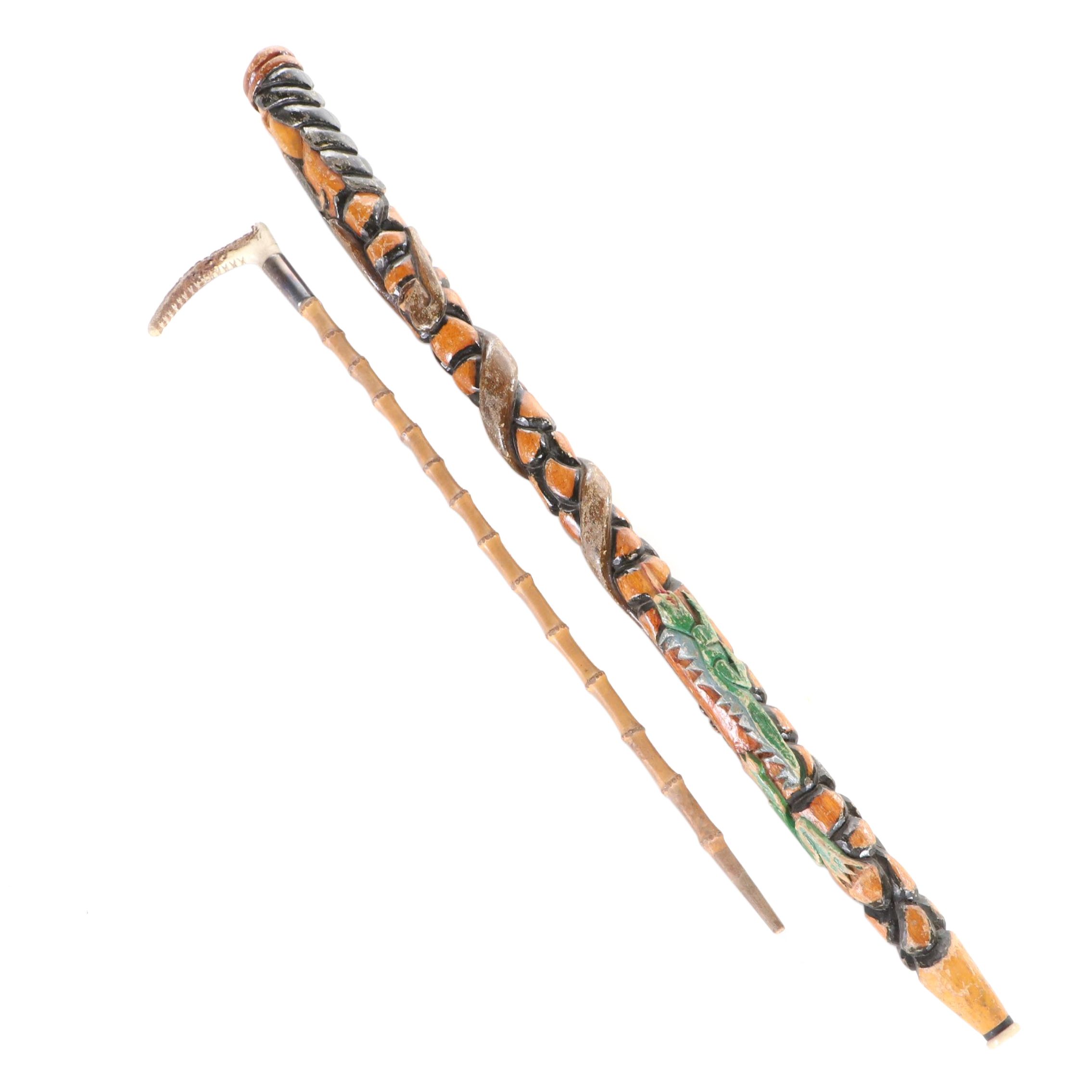 1901 Antler, Sterling and Bamboo Cane With Carved Polychrome Walking ...