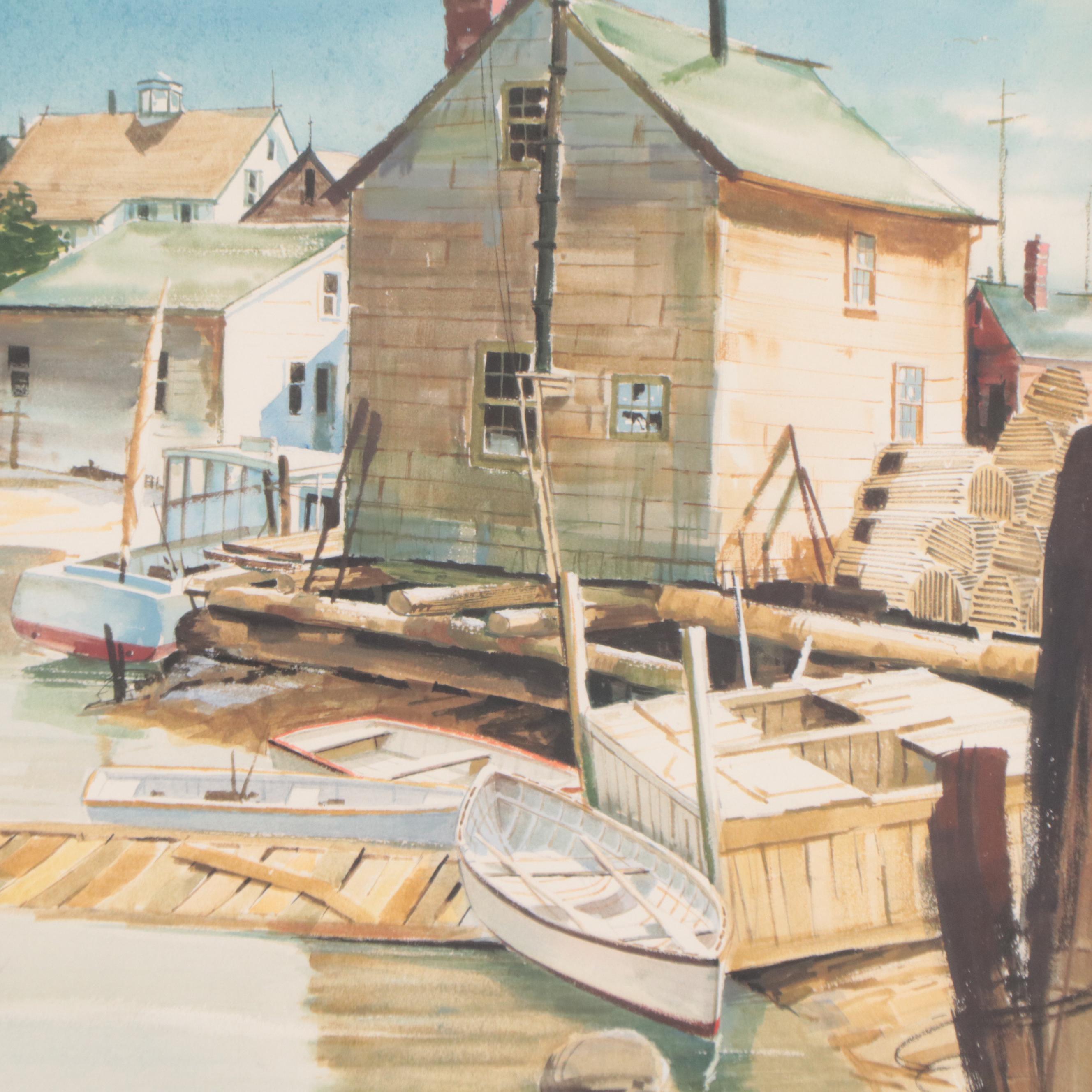 Harbor Scene Watercolor Painting, 20th Century | EBTH